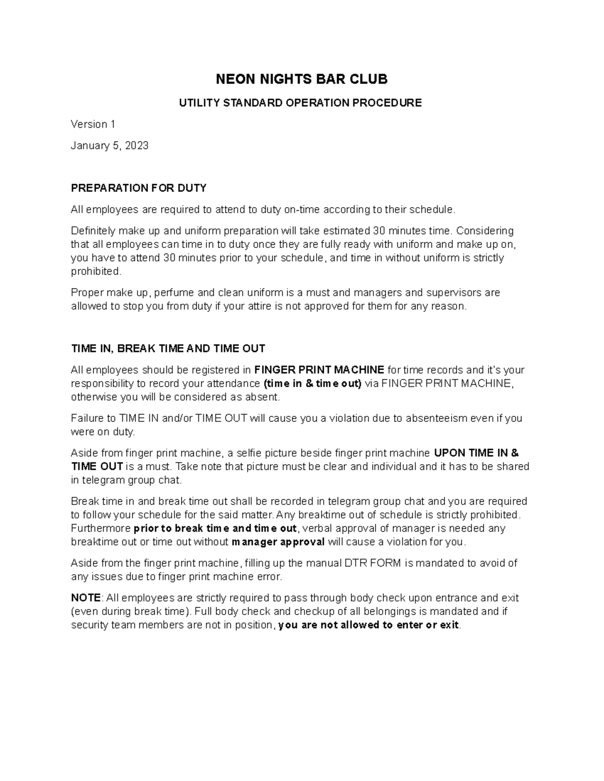 Utility SOP - sop - NEON NIGHTS BAR CLUB UTILITY STANDARD OPERATION ...