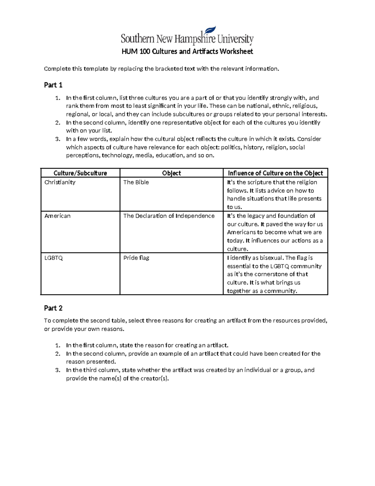 HUM 100 Cultures and Artifacts Worksheet copy copy copy - HUM 100 ...