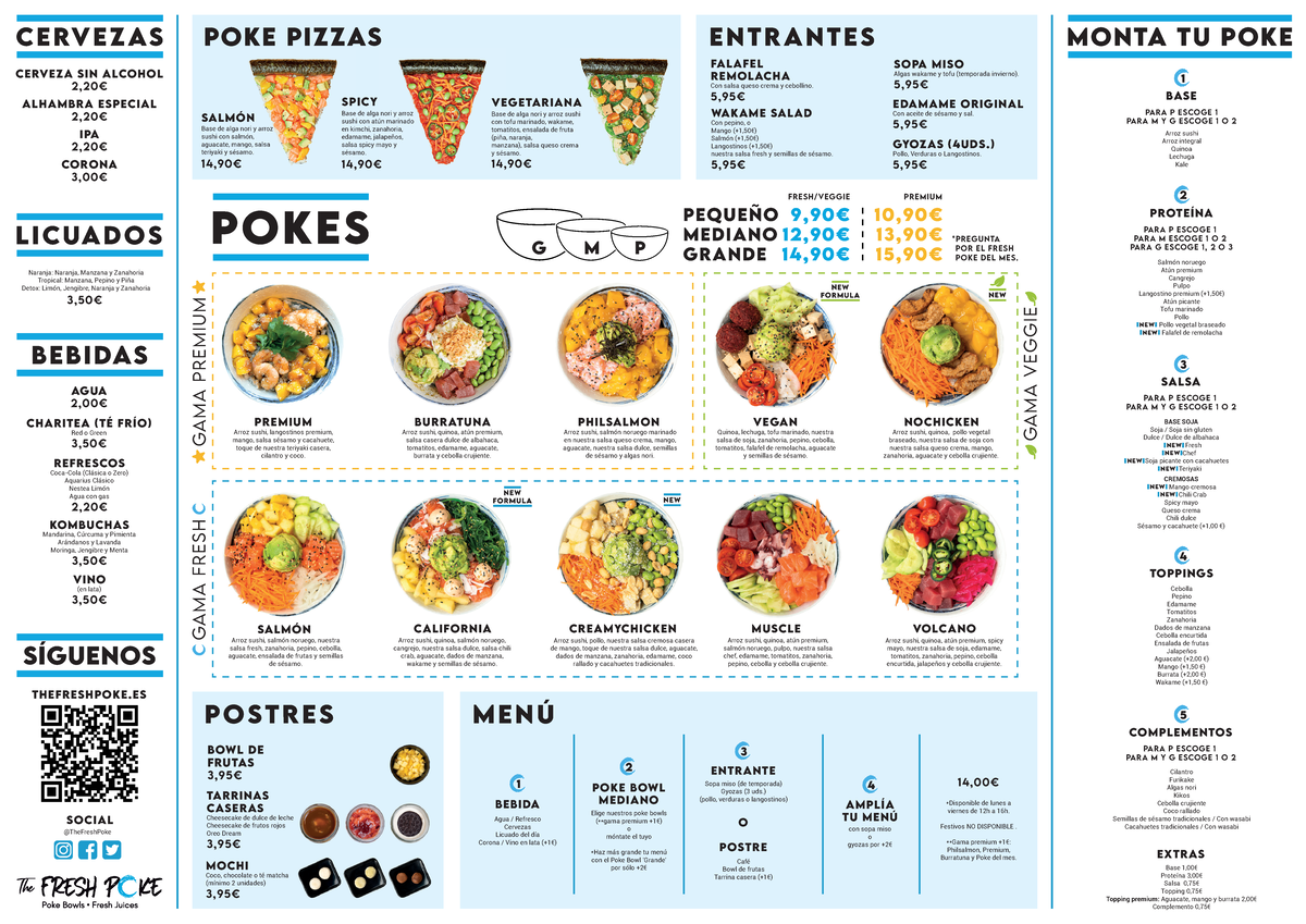 Carta POKE A3-ES-LR-1 - EXTRAS Base 1,00€ Proteína 3,00€ Salsa 0,75 ...