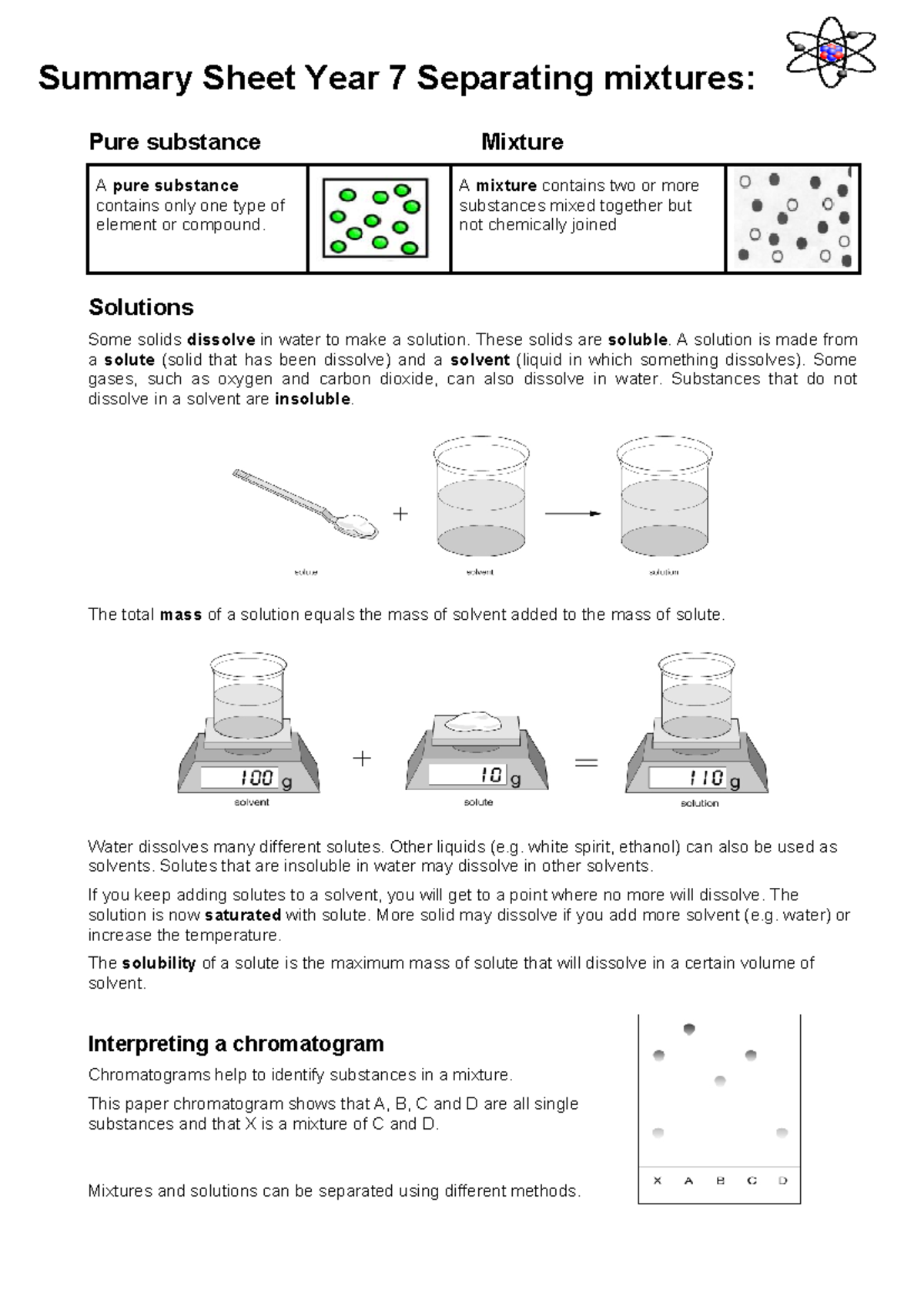 Y7-Separating-Mixtures - Summary Sheet Year 7 Separating mixtures: Pure ...
