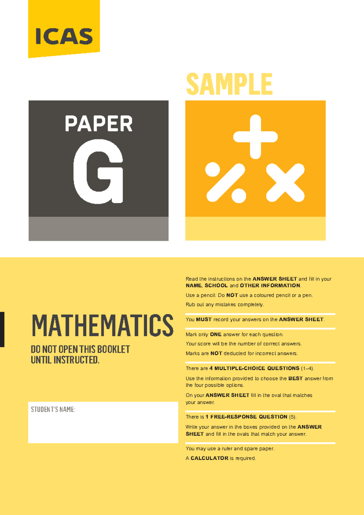 Class 8 ICAS Mathematics Sample Paper - SAMPLE PAPER G Read the ...