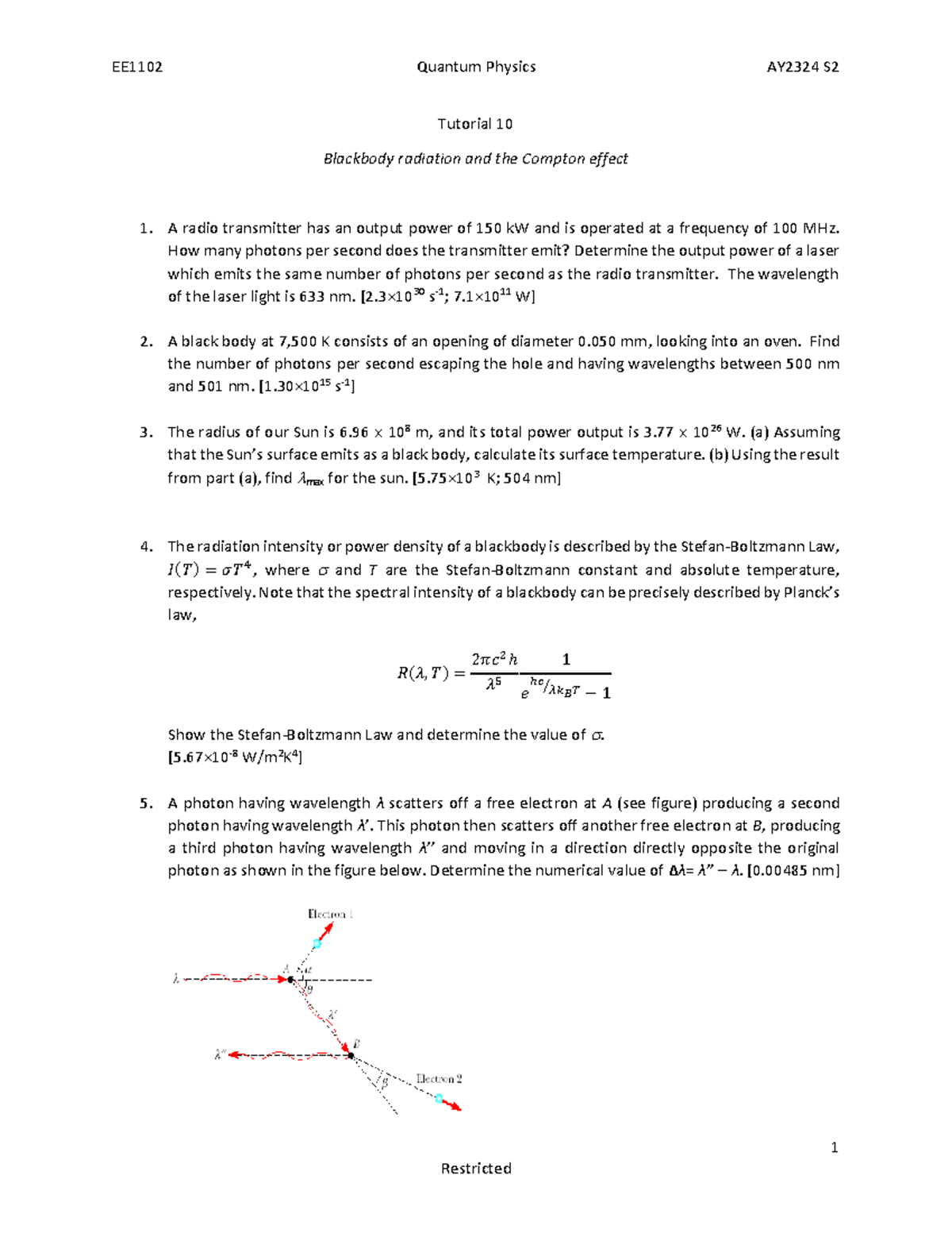 Tutorial Week 10 - EE1102 Quantum Physics AY2 324 S 1 Restricted Tutorial 1 0 Blackbody ...