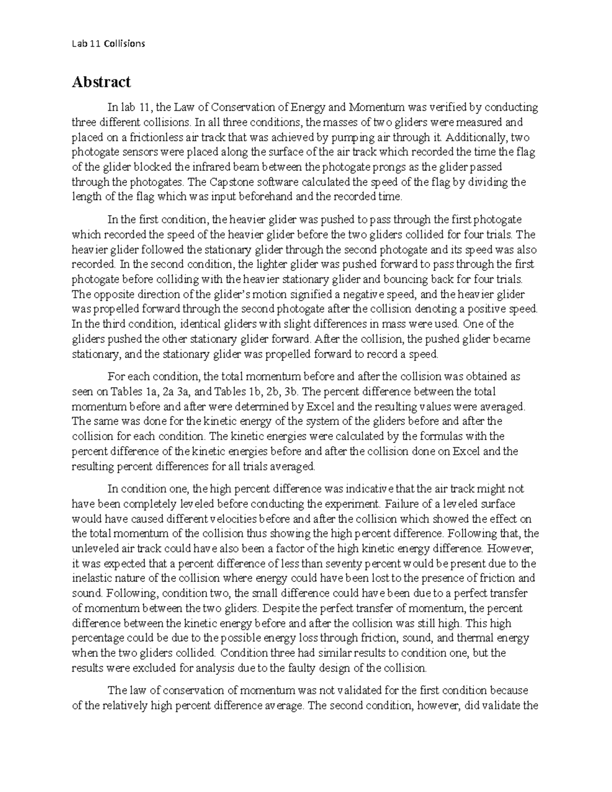 Phys - Lab 11 Report: Collisions - Abstract In lab 11, the Law of ...