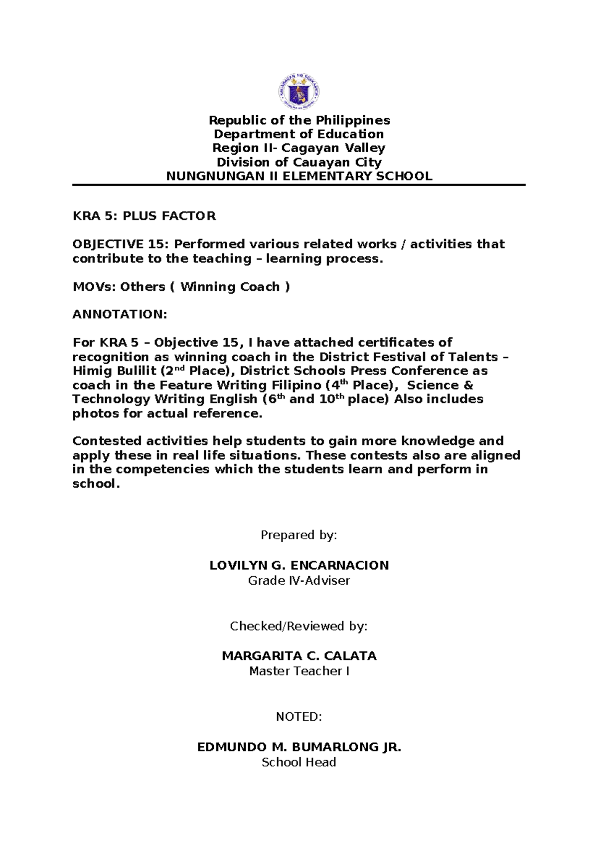 RPMS 2023-2024 KRA 5 Plus Factor Objective 15 Annotation in coaching ...