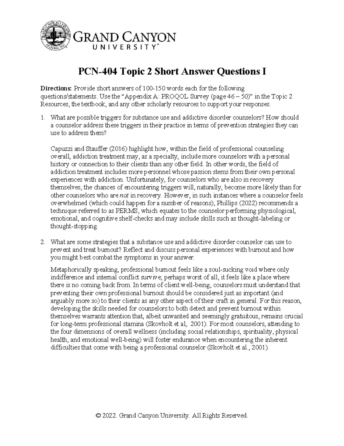 Short Answer Questions I - Use the “Appendix A: PROQOL Survey (page 46 ...