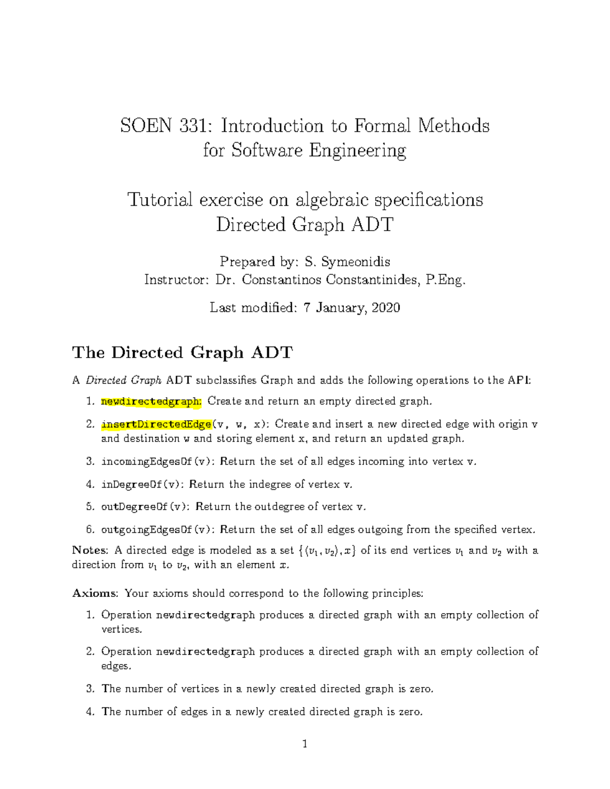 Toturial 8 algebraic specifications dgraph - SOEN 331: Introduction to Formal Methods for ...