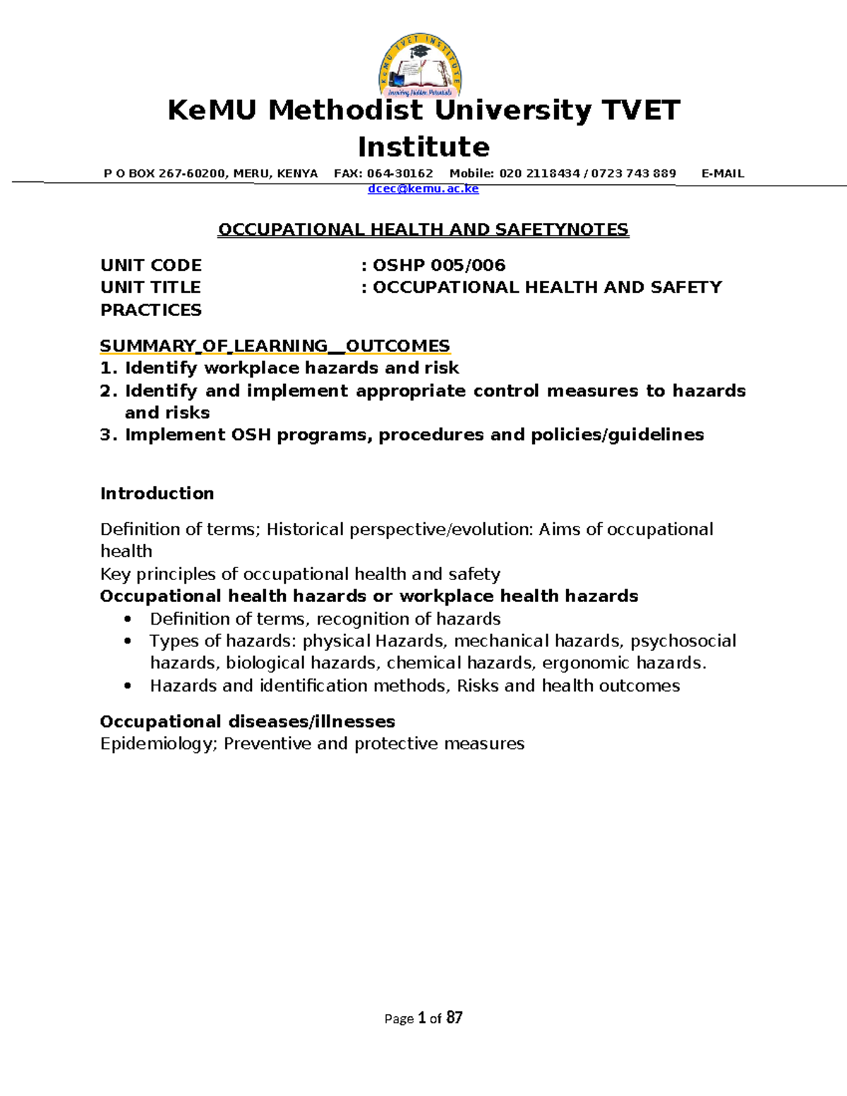 OSHP FULL Notes - KeMU Methodist University TVET Institute P O BOX 267 ...