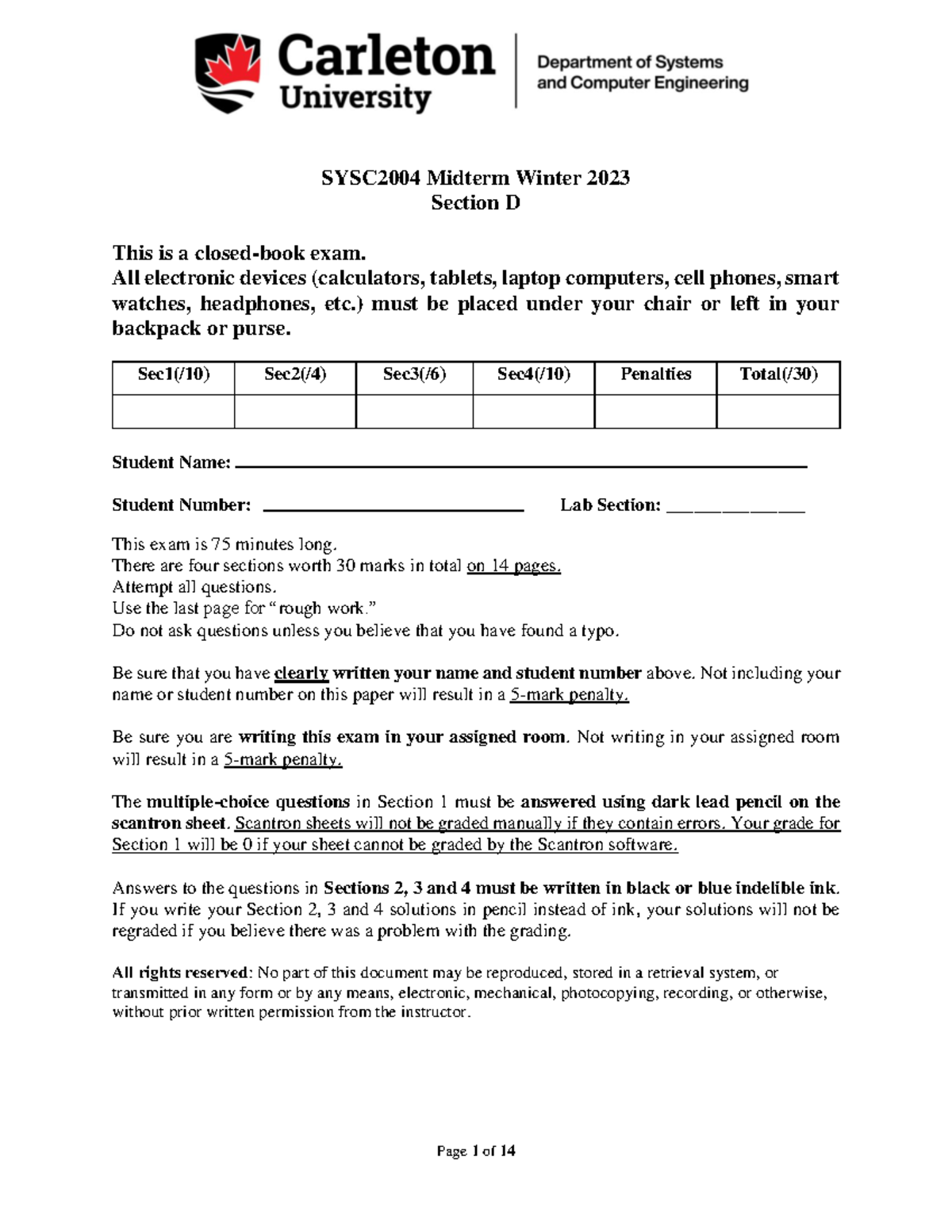 Sysc2004 Midterm D 1 Sysc2004 Midterm Winter 2023 Section D This Is A Closed Book Exam All 