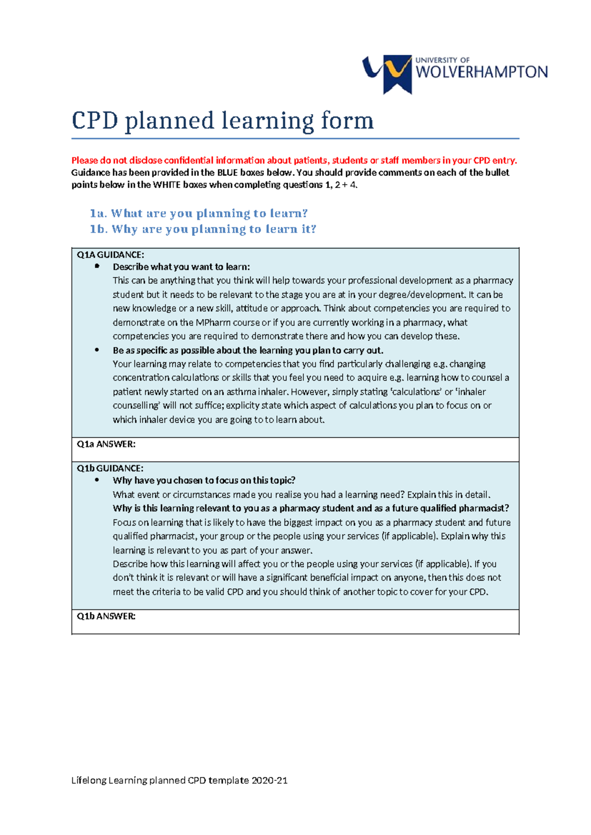 CPD Planned Learning form -Template - CPD planned learning form Please ...