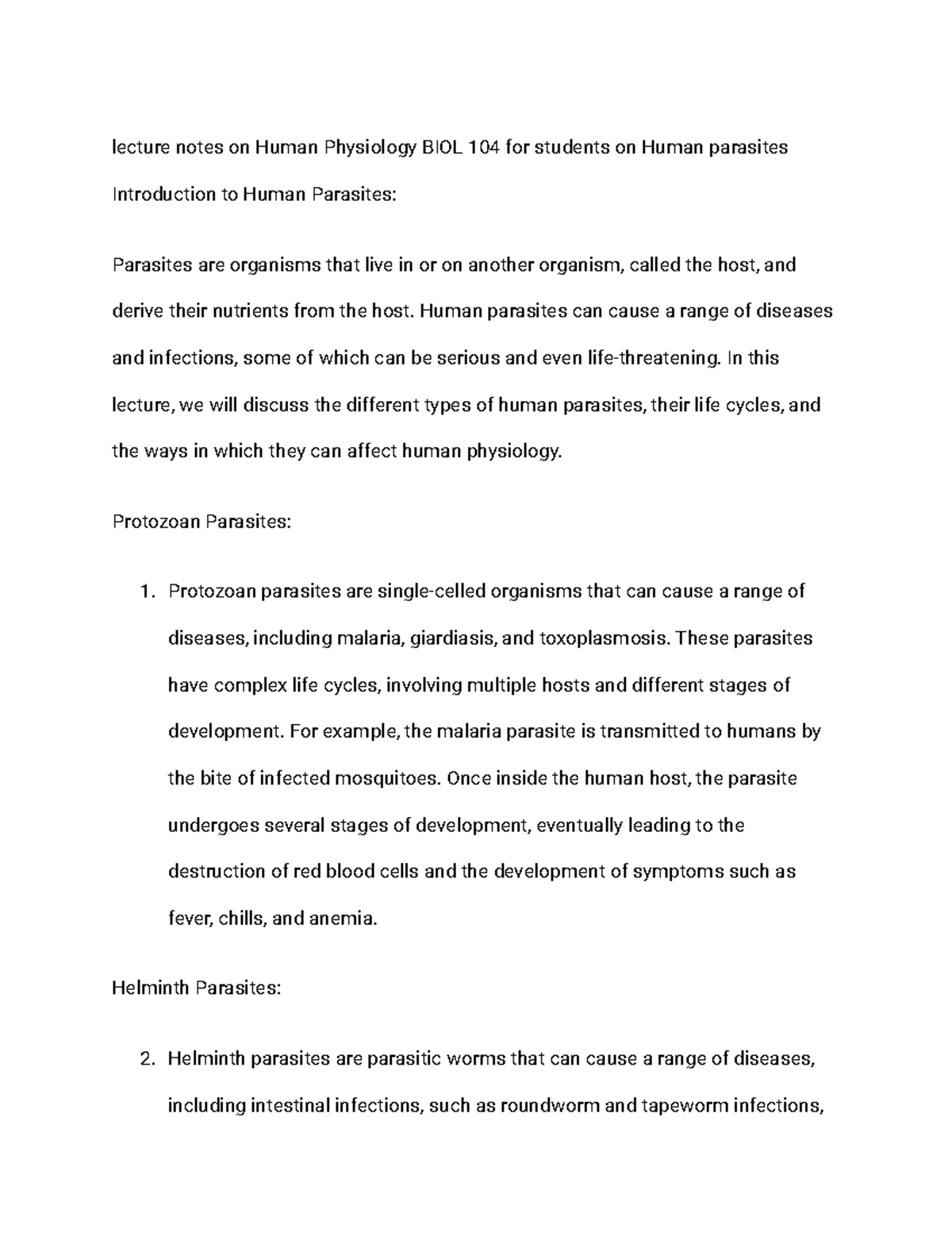 Lecture notes on Human Physiology BIOL 104 for students on Human ...