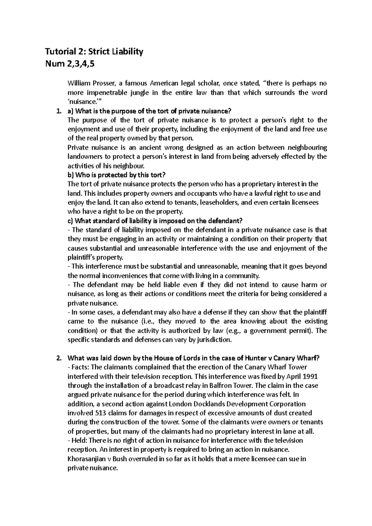 Tutorial 2: Strict Liability - Tutorial 2: Strict Liability Num 2,3,4, William Prosser, a famous ...