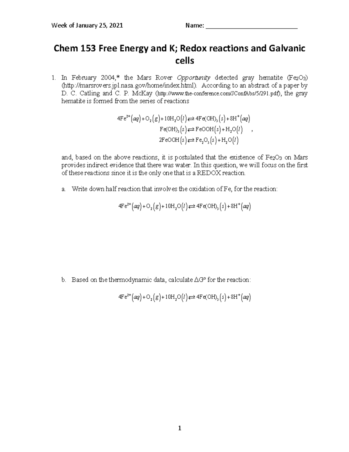 electrochemistry notes that explain what it is - Chem 153 Free Energy ...