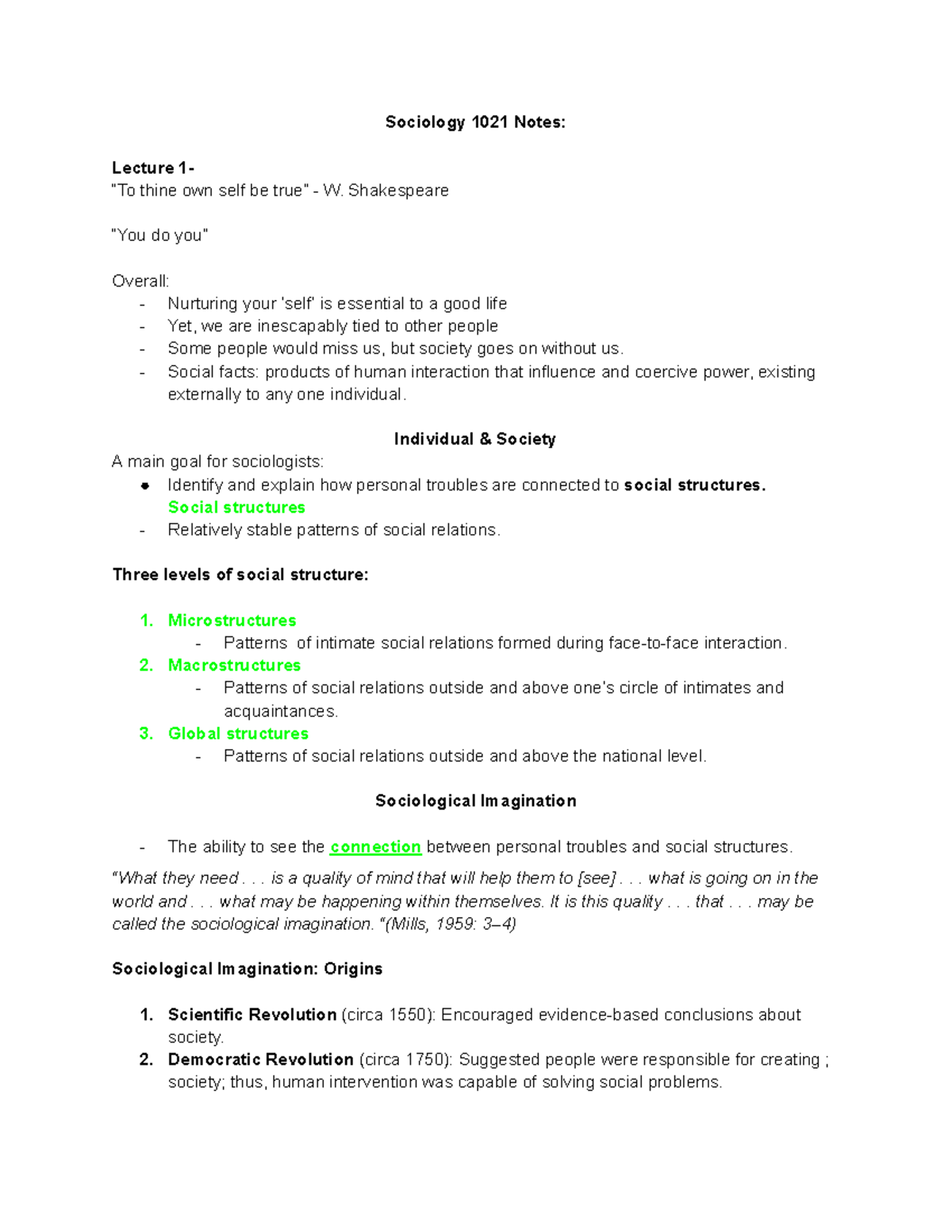 Lecture 1 Soc - Intro to Sociology - Sociology 1021 Notes: Lecture 1 ...