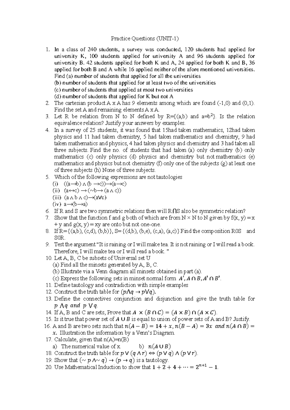 Practice Questions for UNIT-1 (DM) - Practice Questions (UNIT- 1 ) In a class of 240 students, a ...