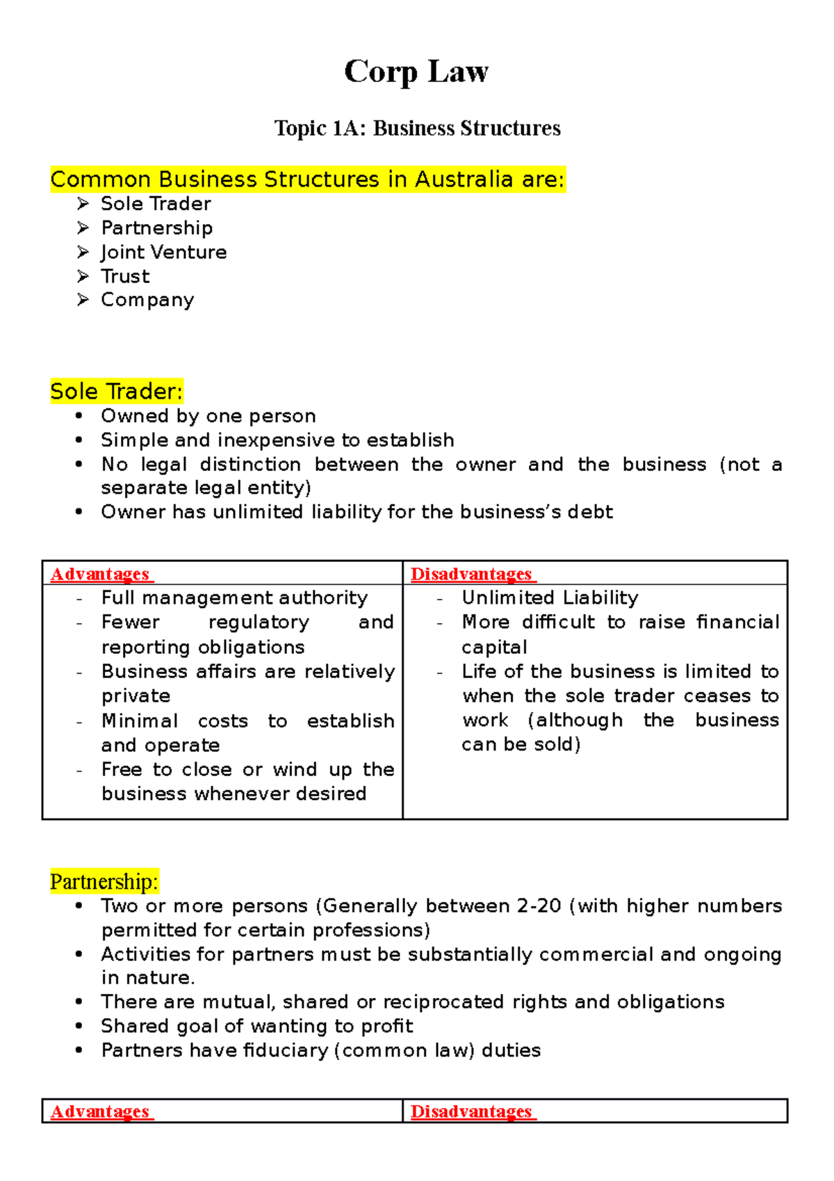 Corp Law - Notes for Corporations Law - Corp Law Topic 1A: Business ...