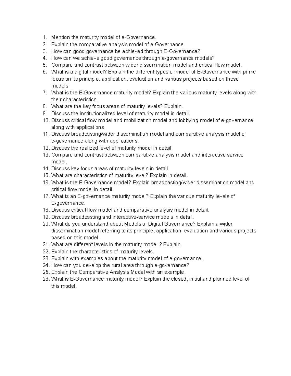 Questions Egovernance Chapter 2 - Mention the maturity model of e ...