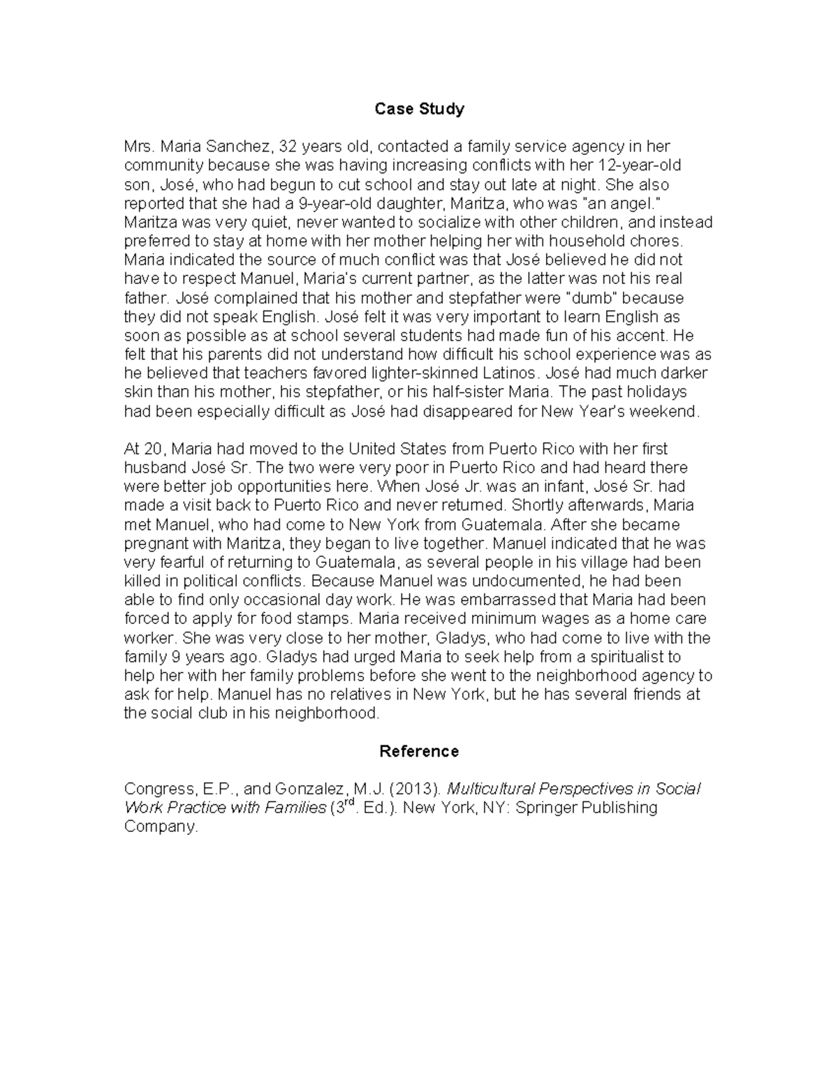 Case study-maria - Case Study Handout - Case Study Mrs. Maria Sanchez ...