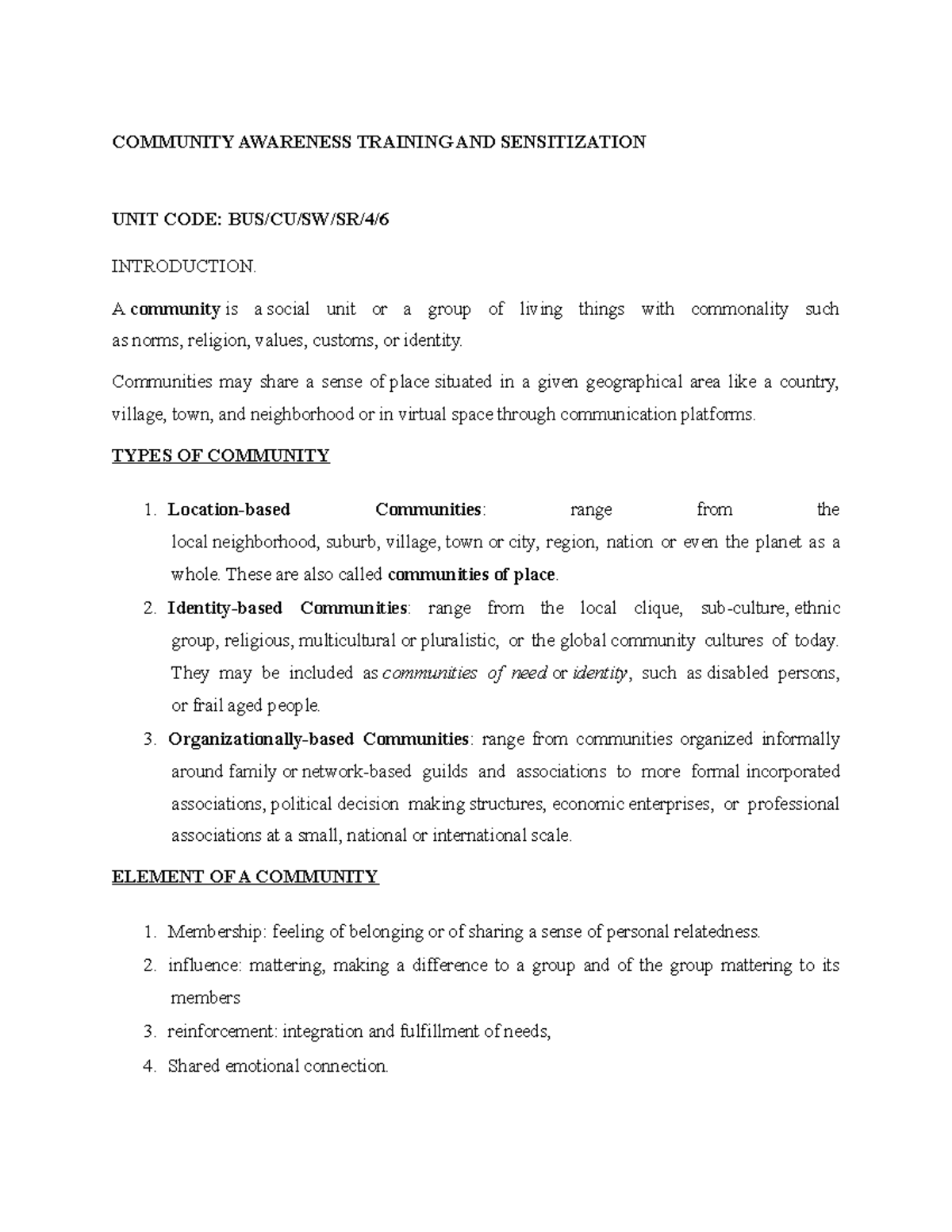 Community Awareness Training AND Sensitizatio 1 - COMMUNITY AWARENESS ...