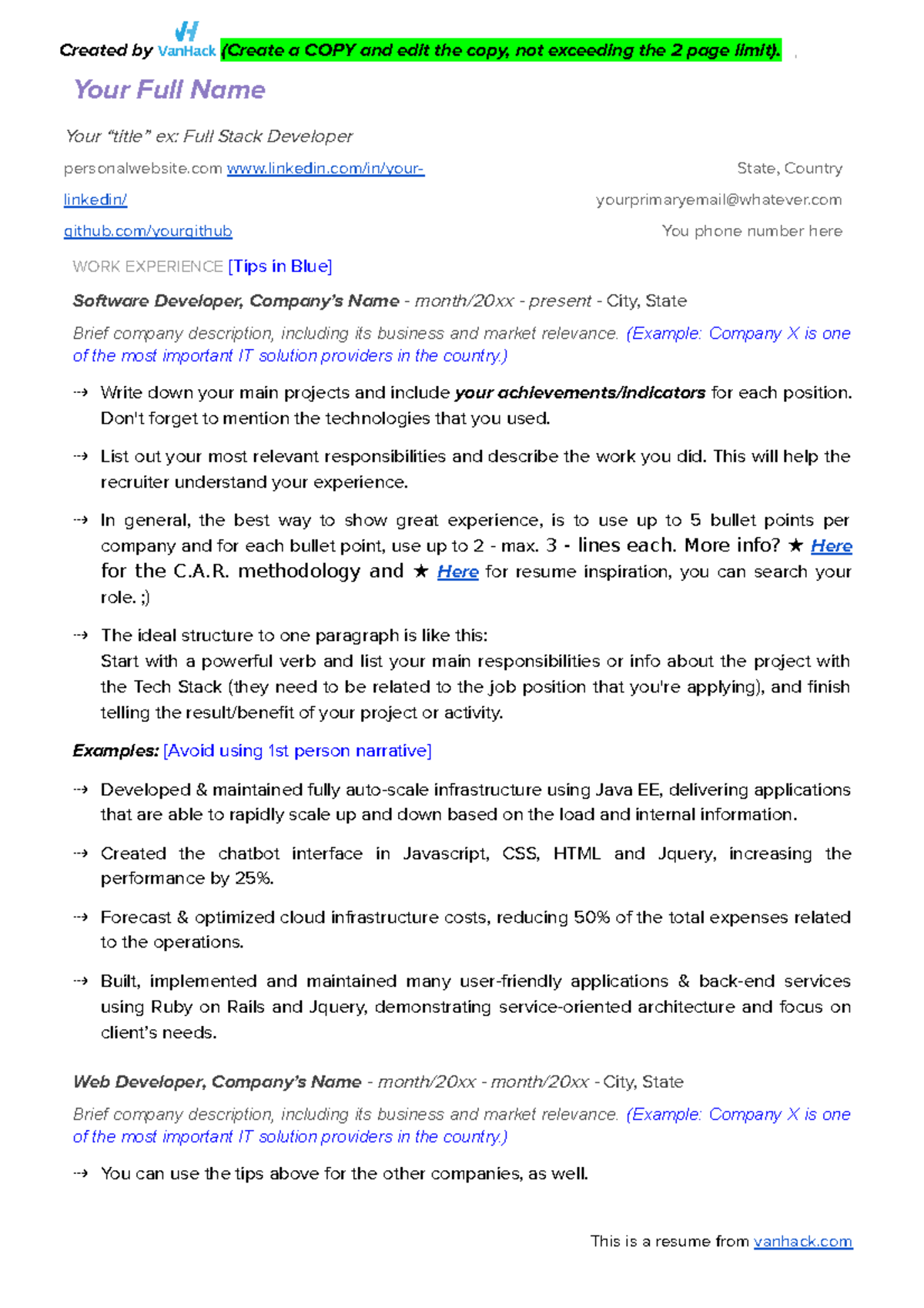 Van Hack Resume Template [MAKE A COPY AND EDIT THE COPY] - Created by ...