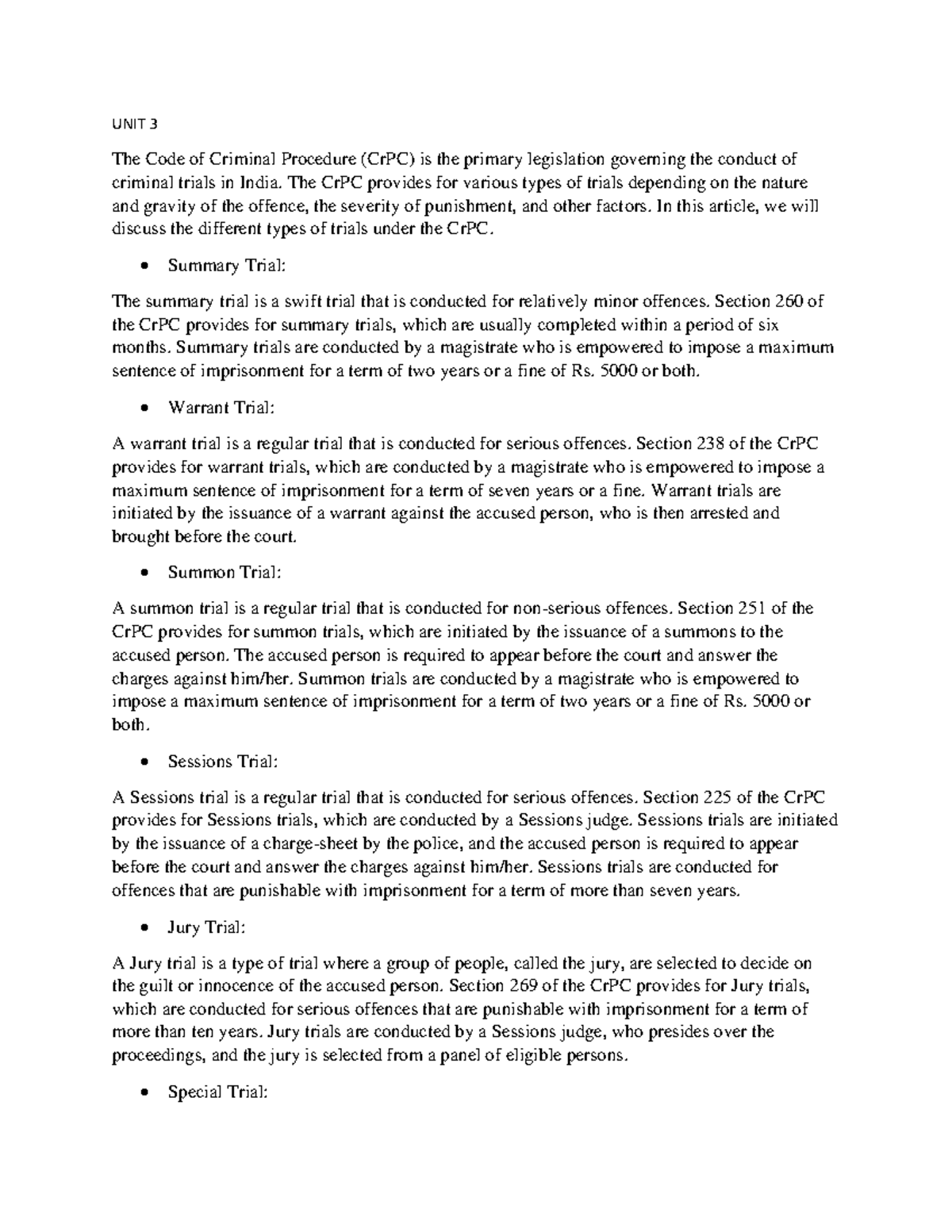 Cr PC U3 - notes - UNIT 3 The Code of Criminal Procedure (CrPC) is the ...