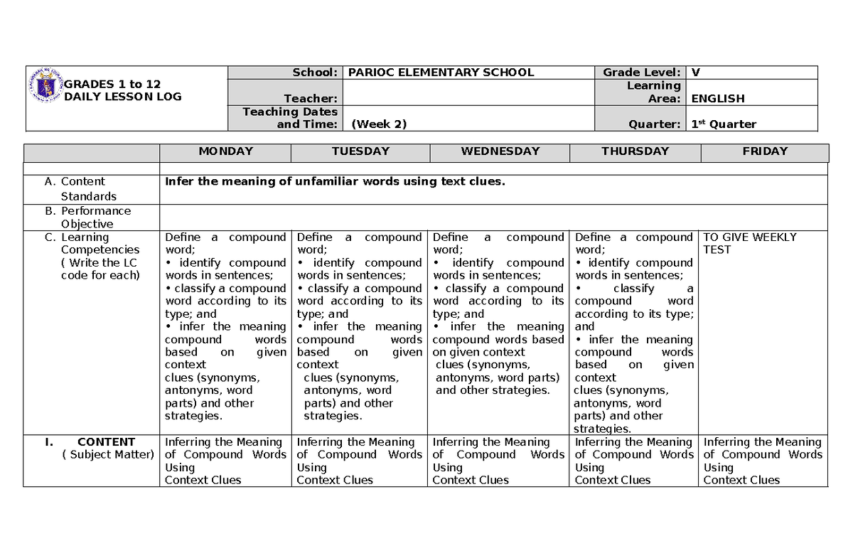 DLL WEEK 2 ENG - DLP - GRADES 1 to 12 DAILY LESSON LOG School: PARIOC ELEMENTARY SCHOOL Grade ...