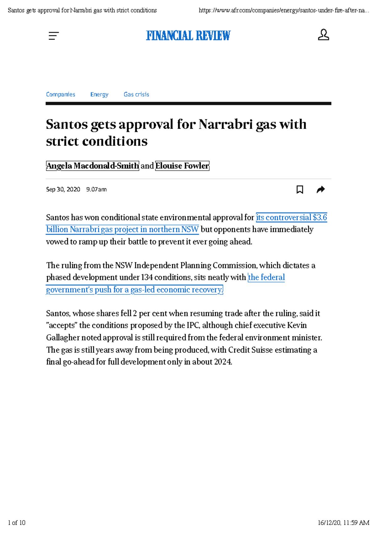 Santos gets approval for Narrabri gas with strict conditions ...