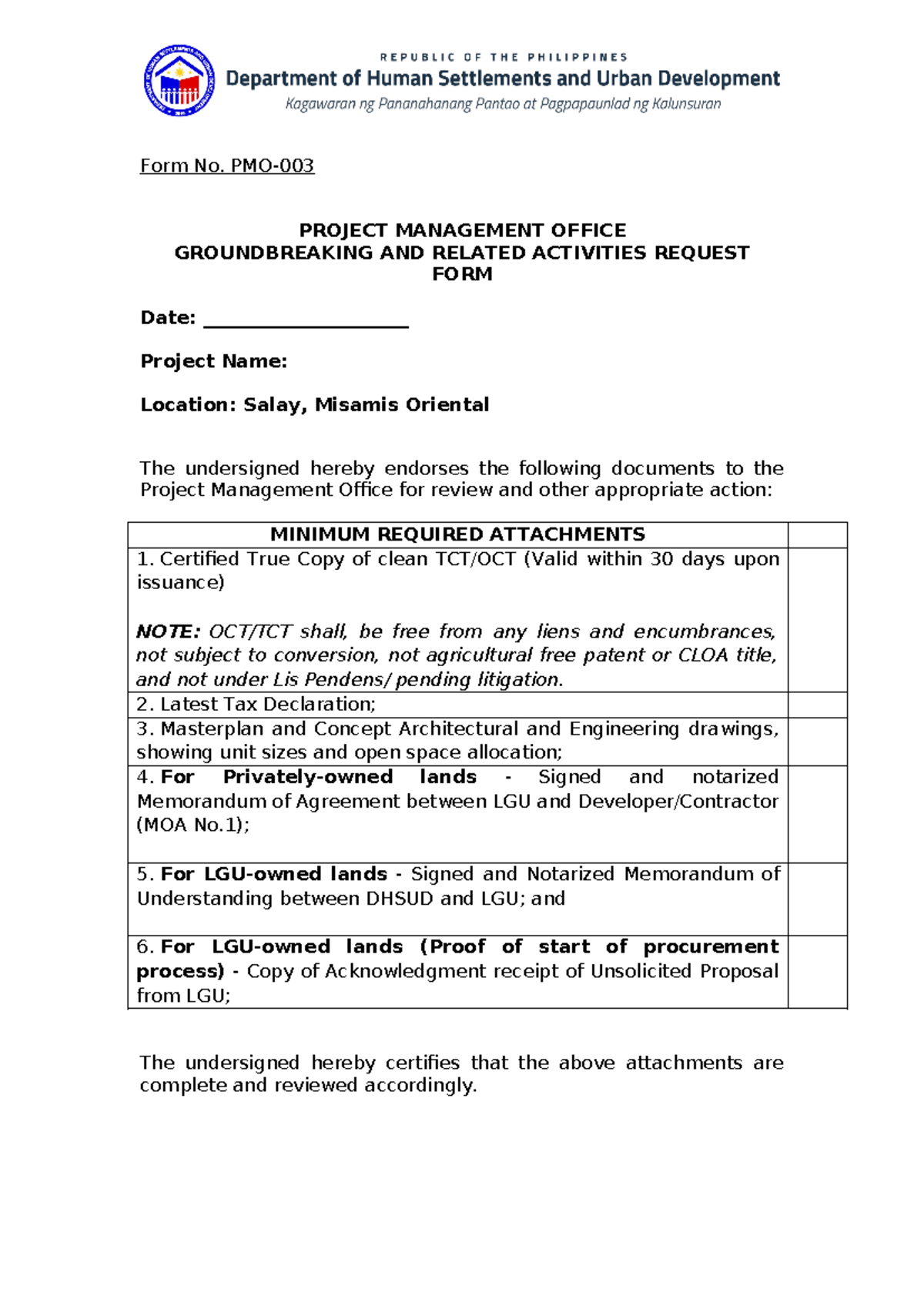 Groundbreaking Request Form - Form No. PMO- PROJECT MANAGEMENT OFFICE ...