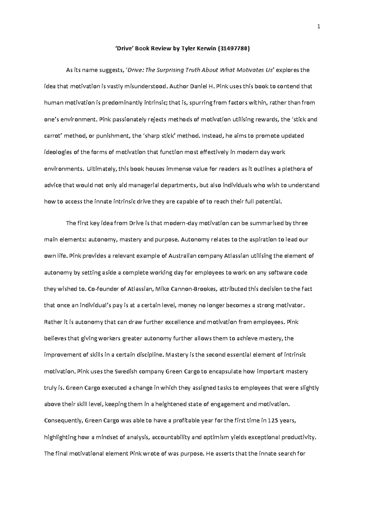 Example 1 - ‘Drive’ Book Review by Tyler Kerwin ( 31497780 ) As its ...