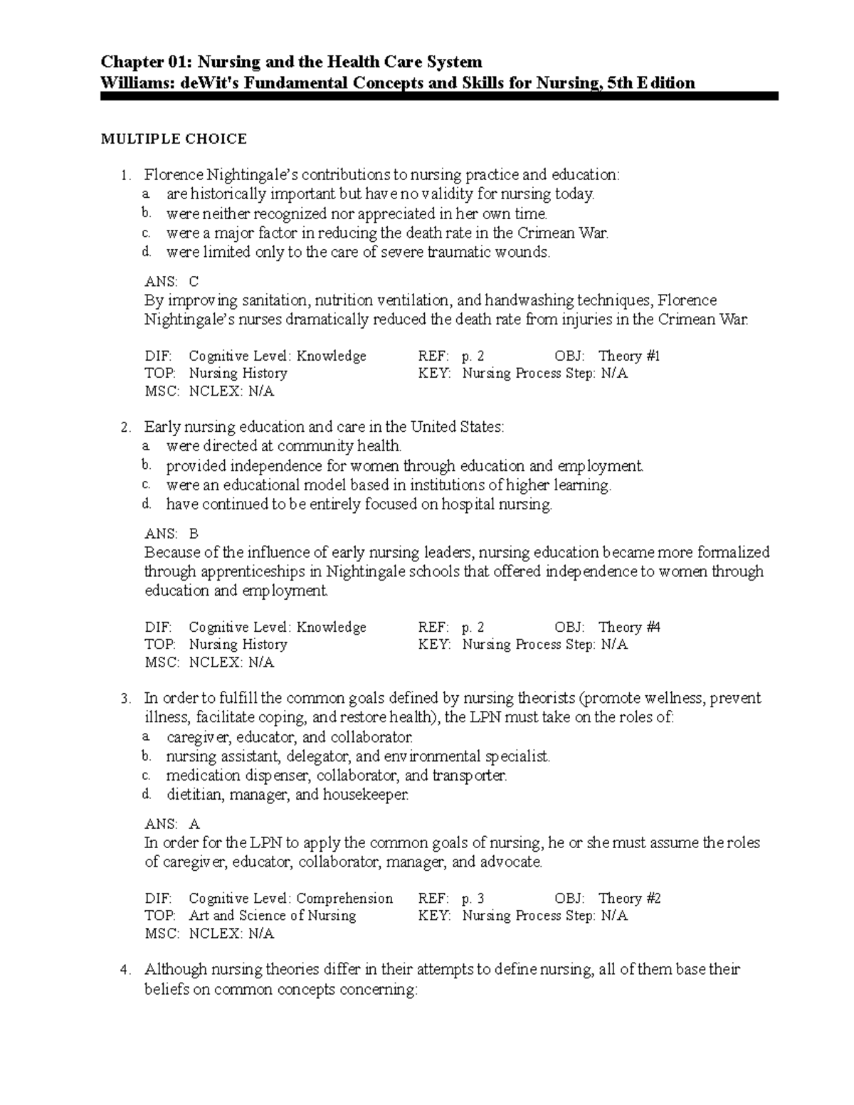C1 - questions - Chapter 01: Nursing and the Health Care System ...