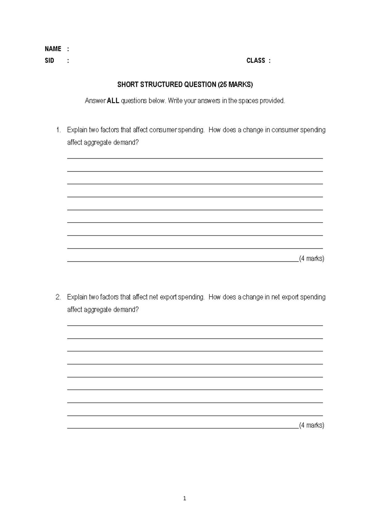 QUIZ 3 - Q - practice - NAME : SID : CLASS : SHORT STRUCTURED QUESTION ...