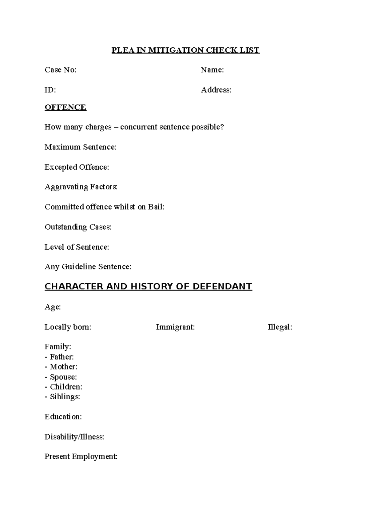 Mitigation checklist - Notes - PLEA IN MITIGATION CHECK LIST Case No ...