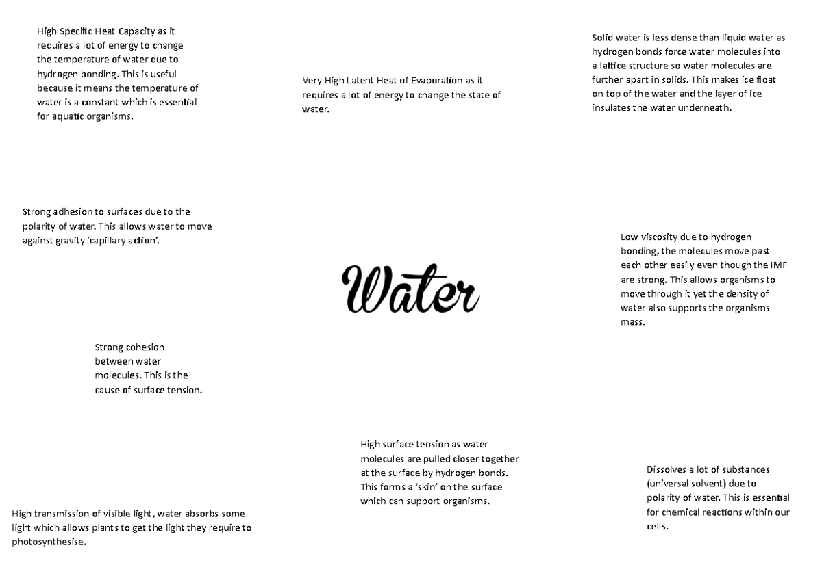 Water Properties mindmap - Solid water is less dense than liquid water ...
