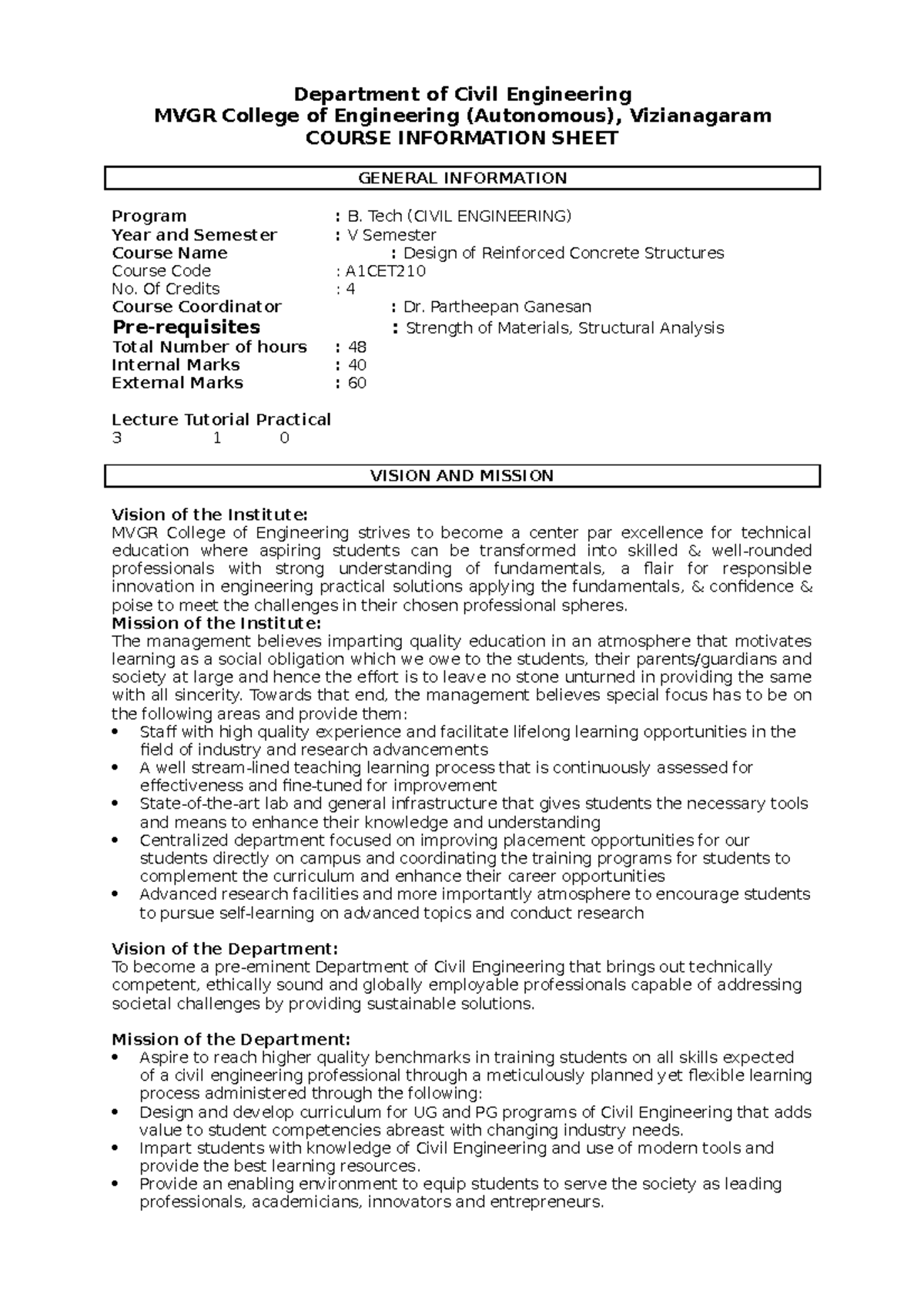 Course information sheet DRCS AY2021 - Department of Civil Engineering MVGR College of ...