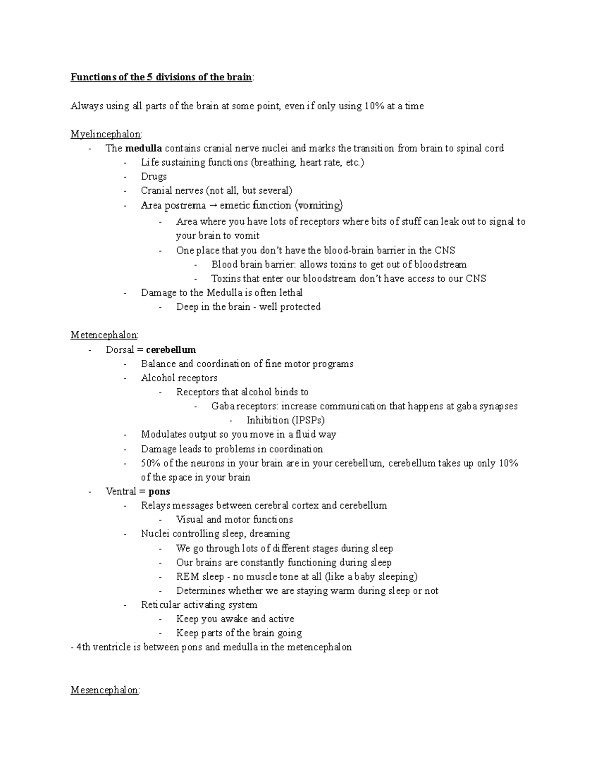Exam 1 Notes Brain, Mind, and Behavior - Functions of the 5 divisions ...