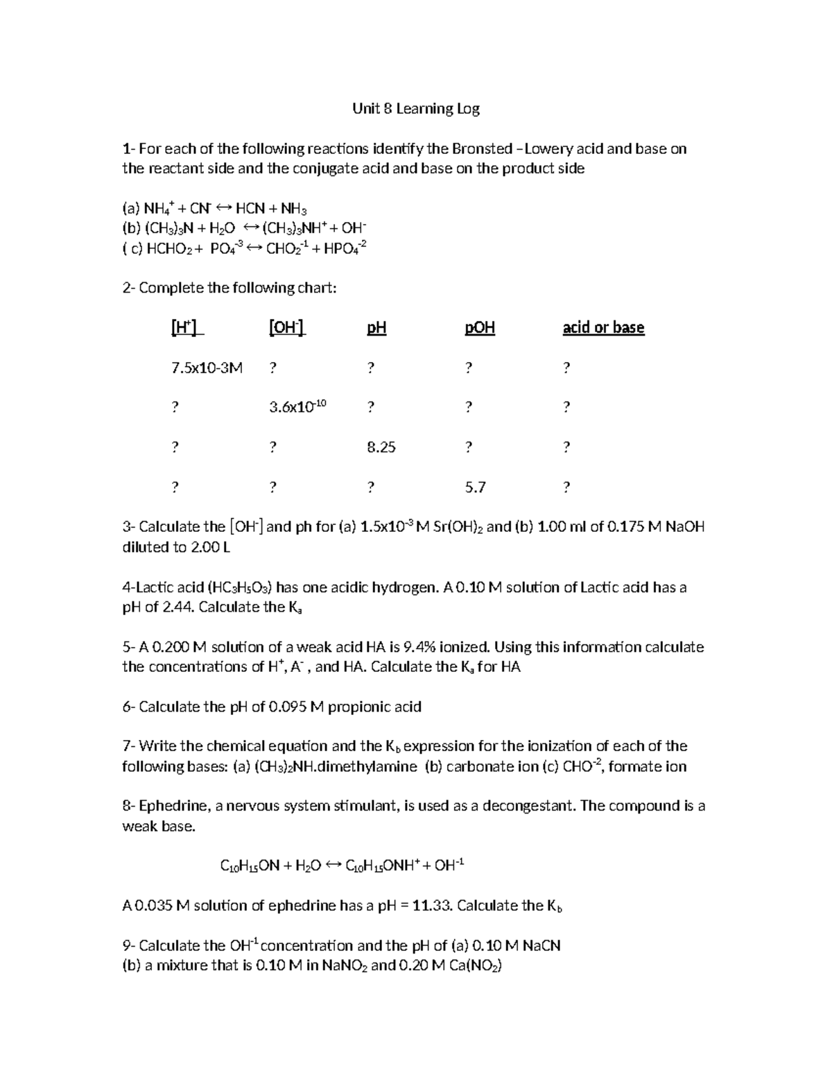 Unit 8 -2014-15 - asdf asdf as - Unit 8 Learning Log 1- For each of the following reactions ...