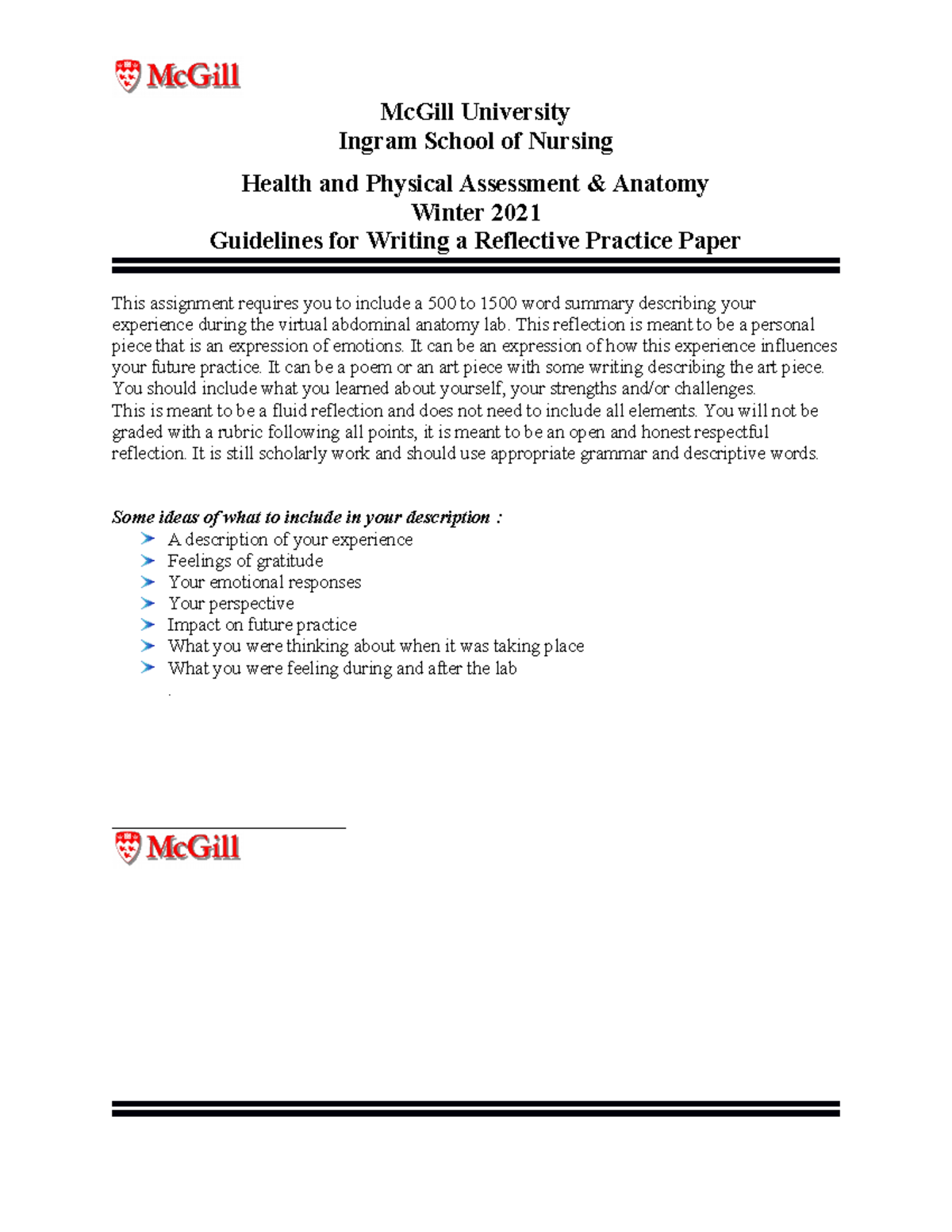 HPA Anatomy Reflection Winter 2021 - McGill University Ingram School of Nursing Health and ...
