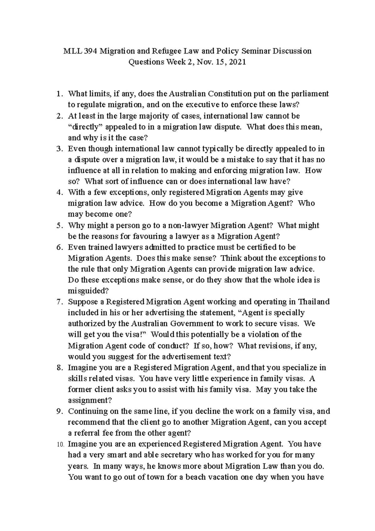 Week two seminar student questions - MLL 394 Migration and Refugee Law ...