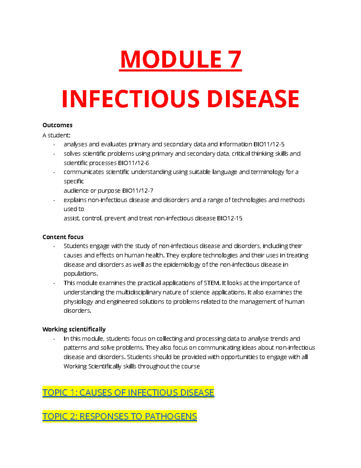 Infectious Disease Notes - MODULE 7 INFECTIOUS DISEASE Outcomes A ...