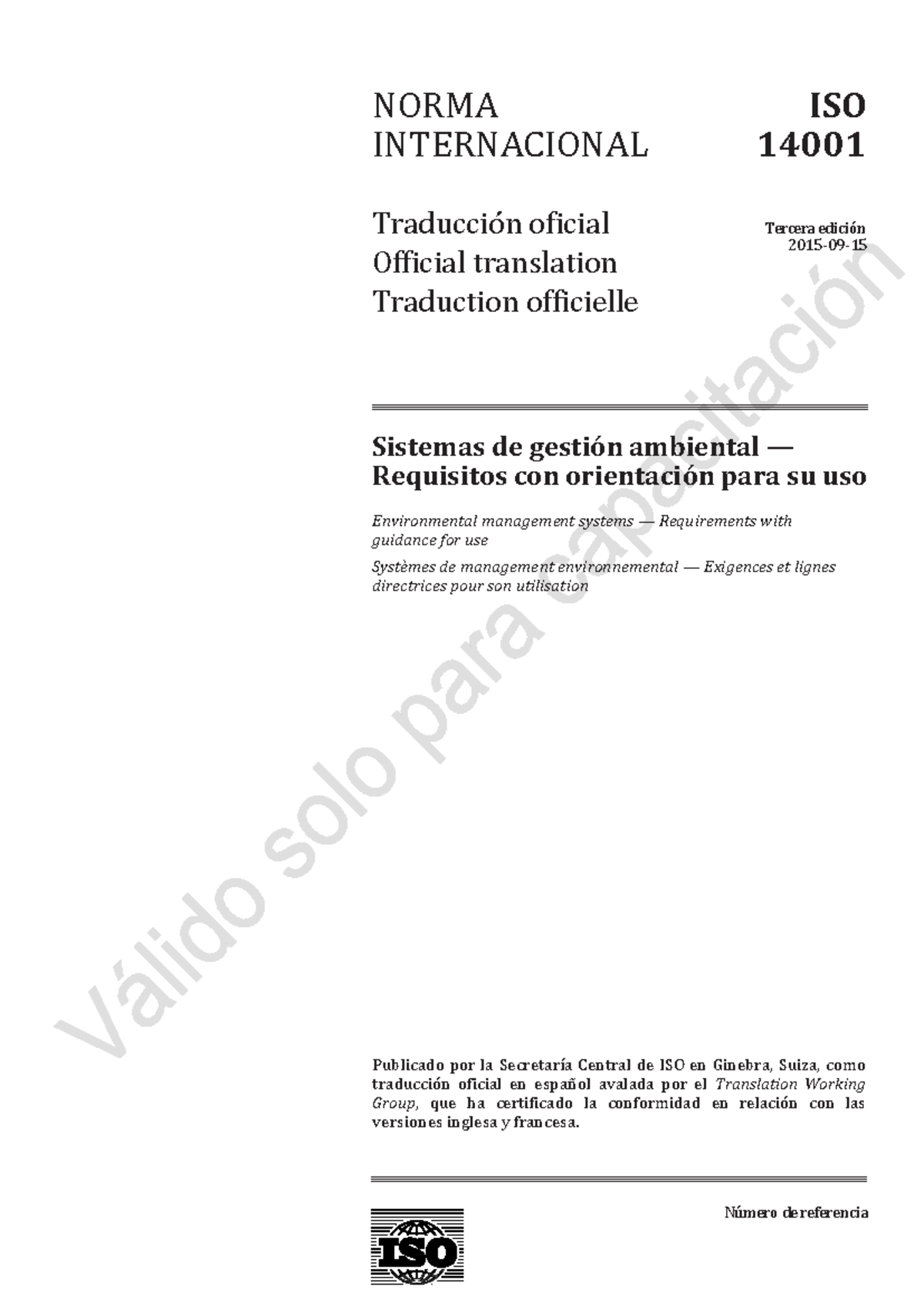 ISO 14001-2015 SGA - REVISION BIBLIOGRAFICA - NORMA INTERNACIONAL Traducción oficial Official ...