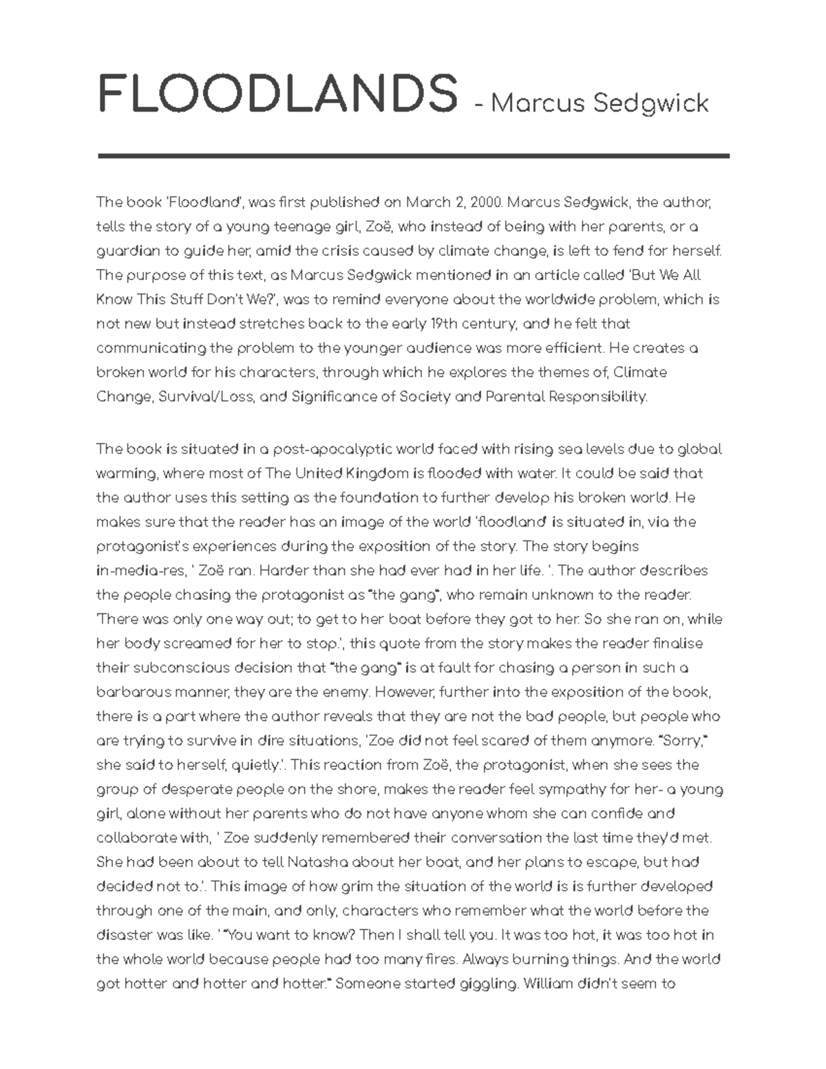 Analytical Essay ll Floodlands - FLOODLANDS - Marcus Sedgwick The book ‘Floodland’, was first ...