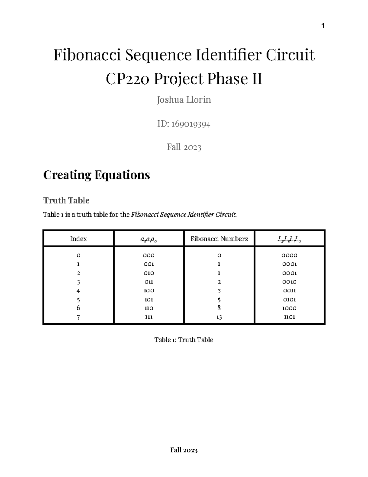 CP220 Report - Project Phase II - Fibonacci Sequence Identifier Circuit CP220 Project Phase II ...