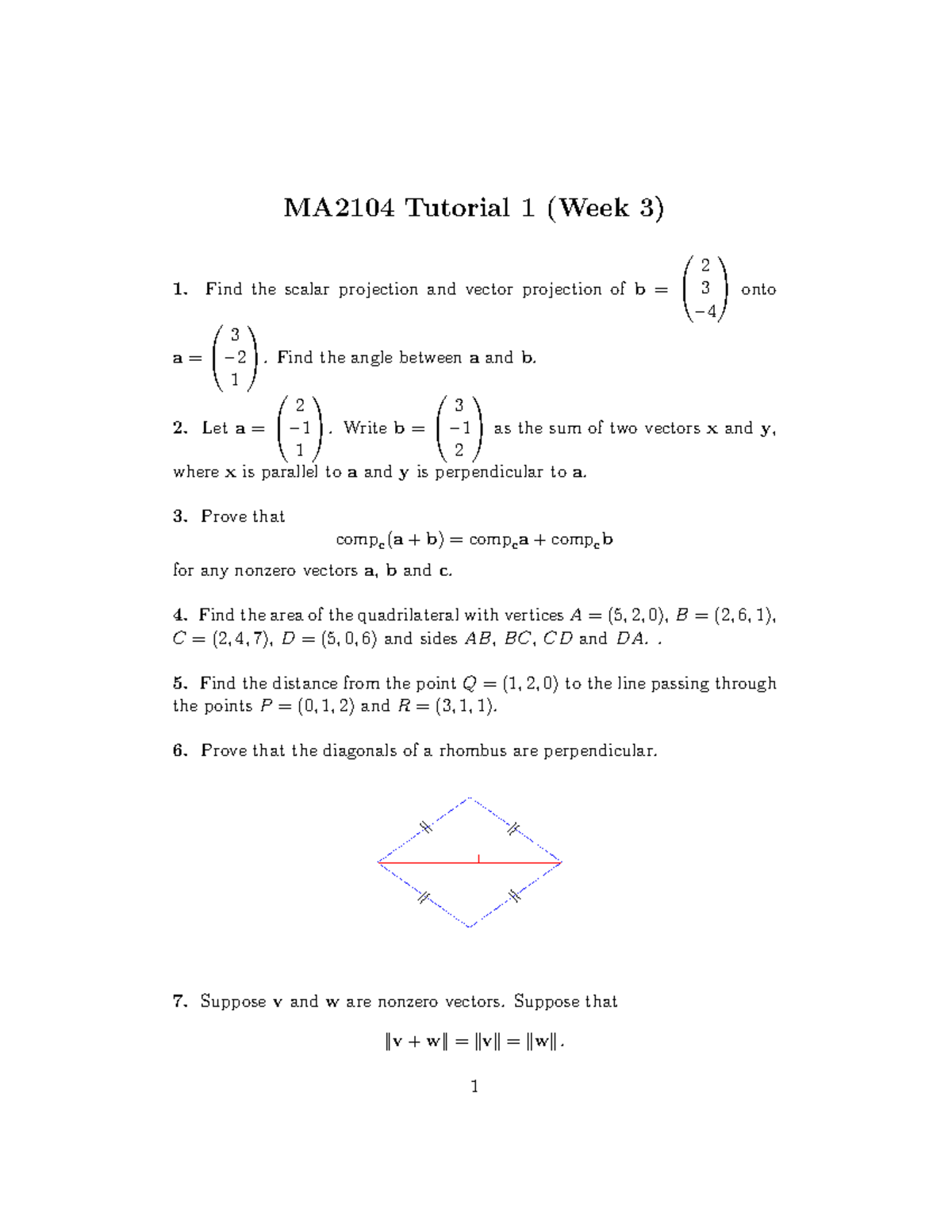 T1 - T1 qns - MA2104 Tutorial 1 (Week 3) Find the scalar projection and ...