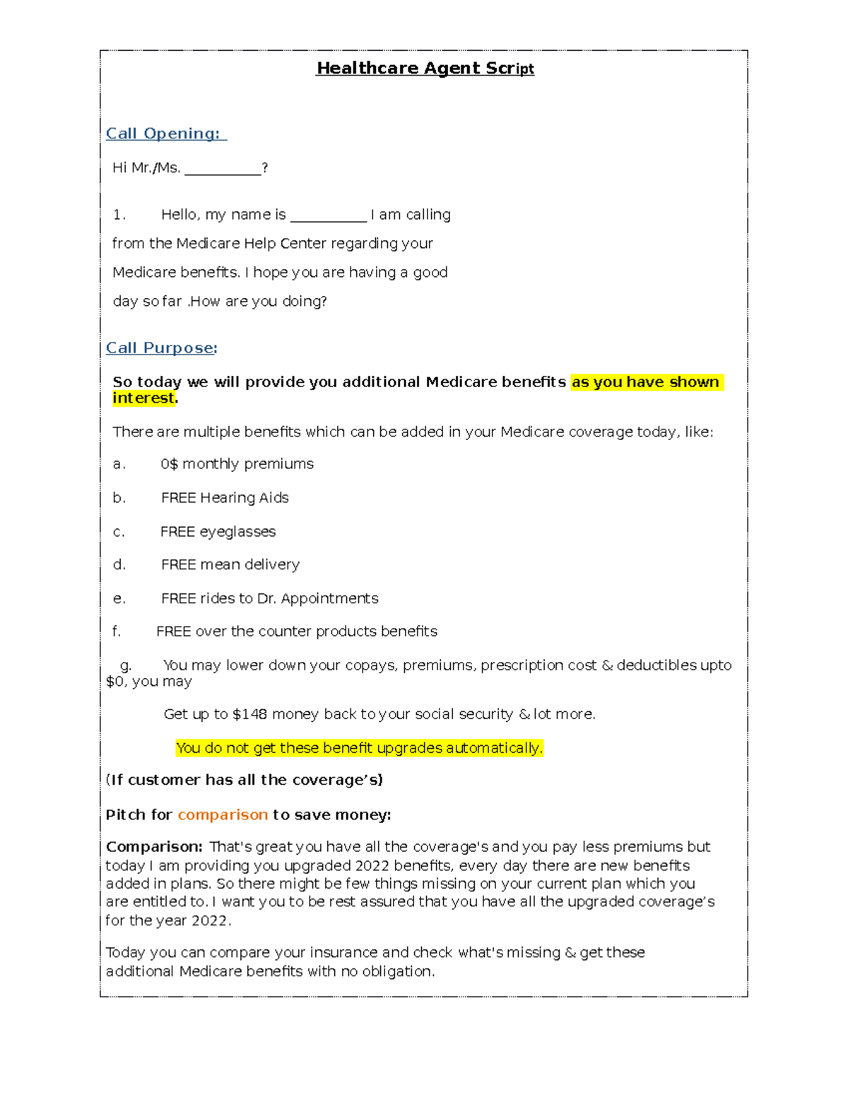 SEP Agent Script Mandatory-2 - Call Opening: Hi Mr./Ms ...