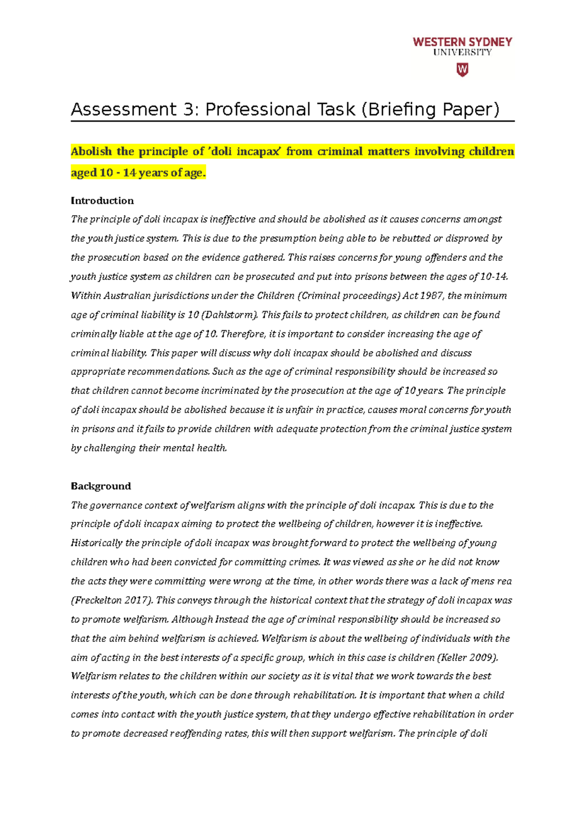 Briefing Paper YJP - Assessment 3: Professional Task (Briefing Paper ...