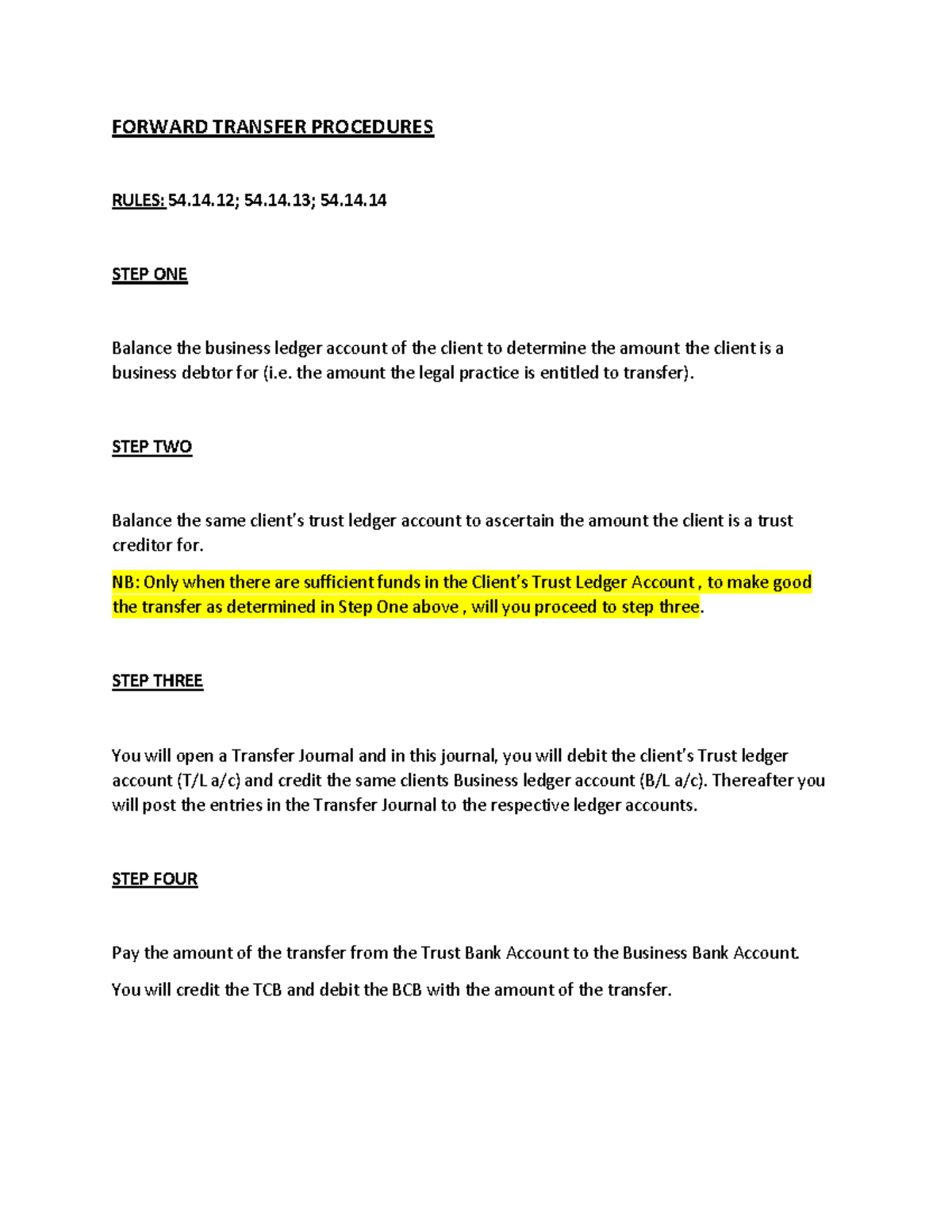 Forward Transfer Procedures - FORWARD TRANSFER PROCEDURES RULES: 54.14 ...