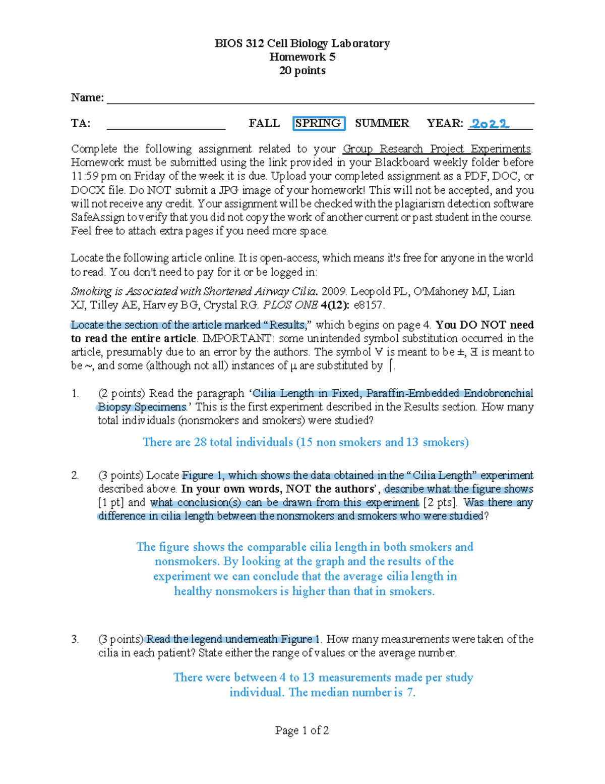 Homework 5 Cell Bio Lab - bio - BIOS 312 Cell Biology Laboratory Homework 5 20 points Page 1 of ...