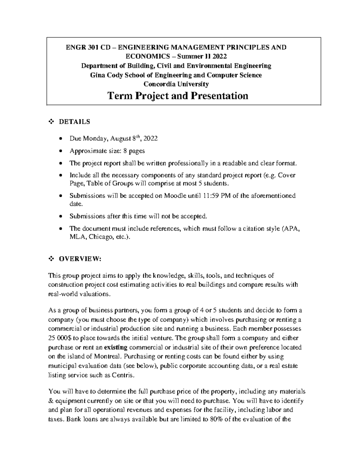 ENGR 301 22S2 - Project Outline - ENGR 301 CD – ENGINEERING MANAGEMENT PRINCIPLES AND ECONOMICS ...
