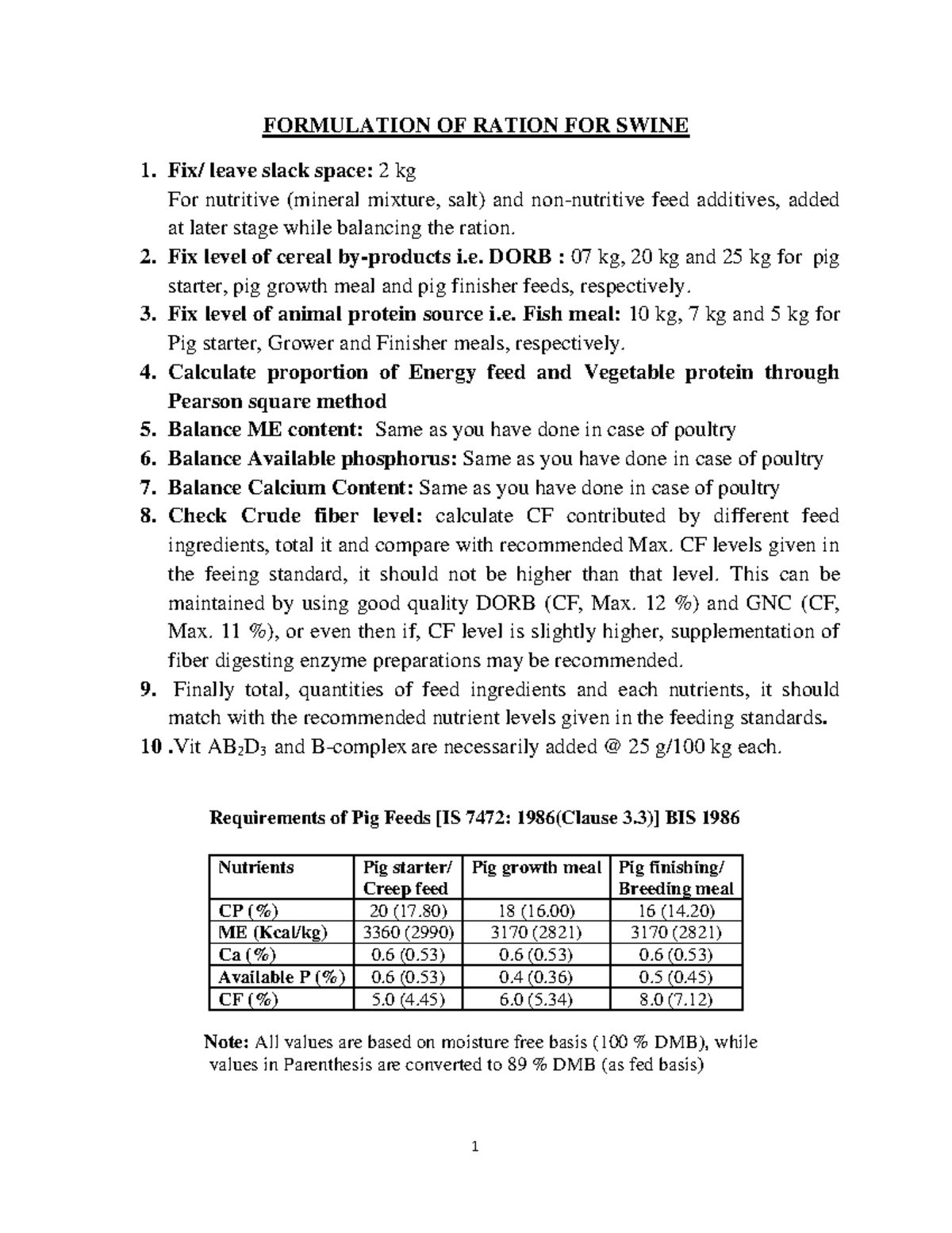 Formulation ration swine converted - FORMULATION OF RATION FOR SWINE 1. Fix/ leave slack space ...