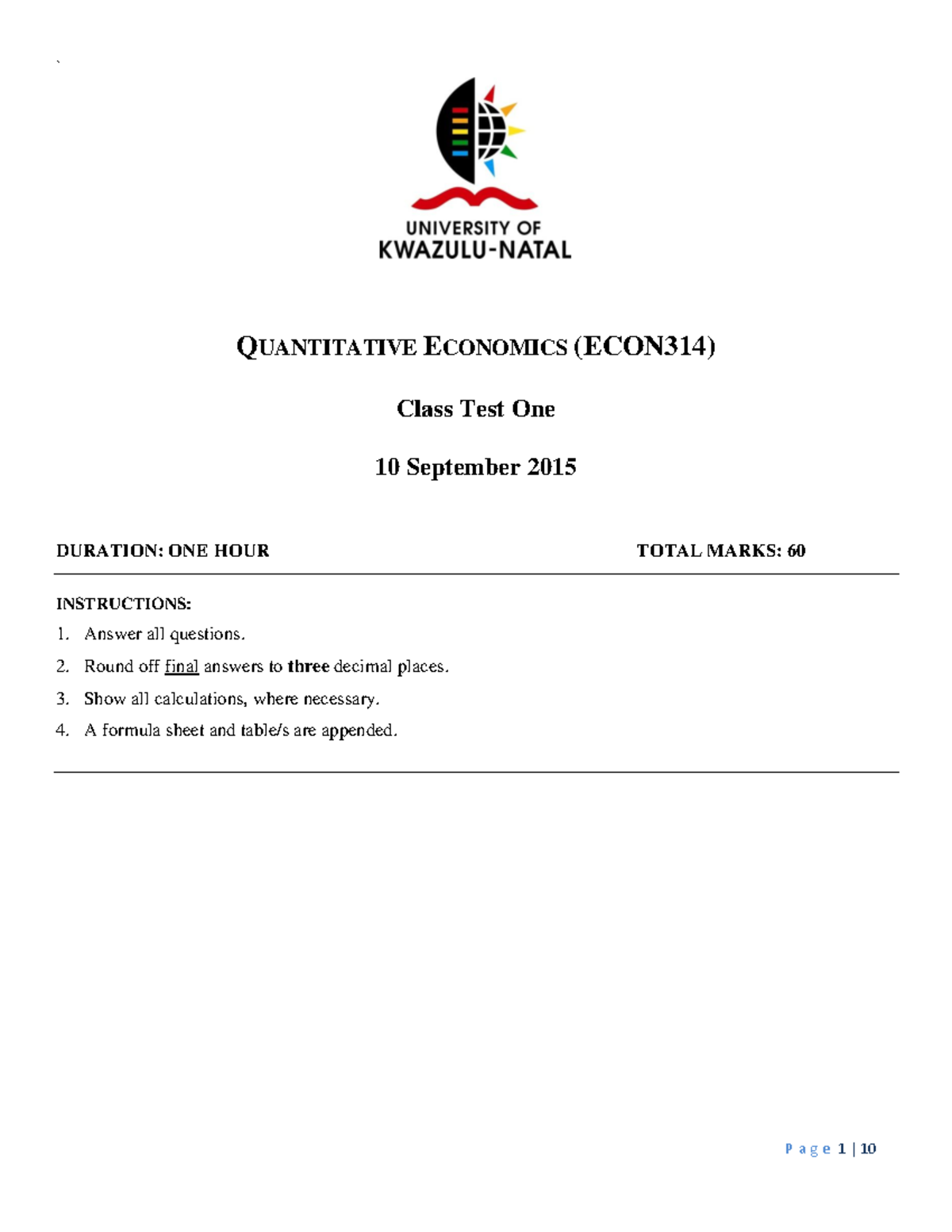 Class Test 1 2015 - past year papers - QUANTITATIVE ECONOMICS (ECON314 ...