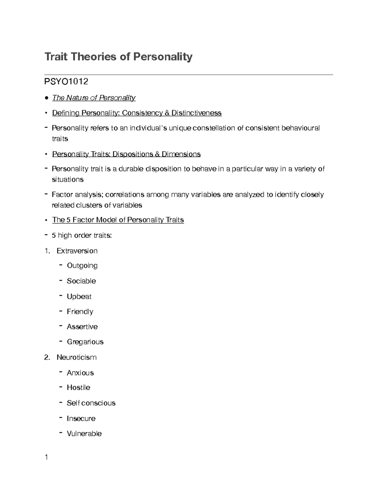 Trait Theories of Personality - Trait Theories of Personality PSYO ...